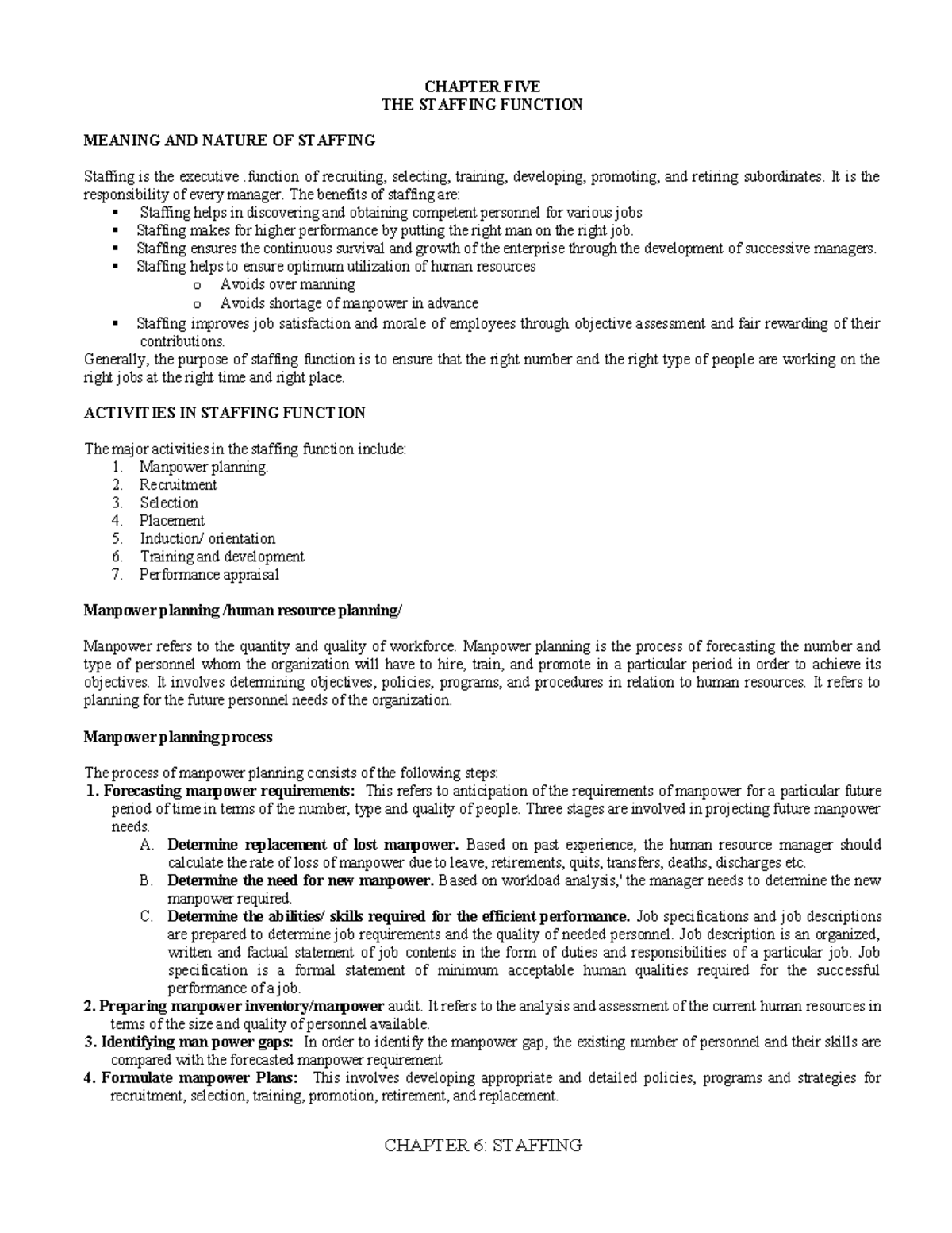 Chapter 6 Staffing - Note - CHAPTER FIVE THE STAFFING FUNCTION MEANING ...