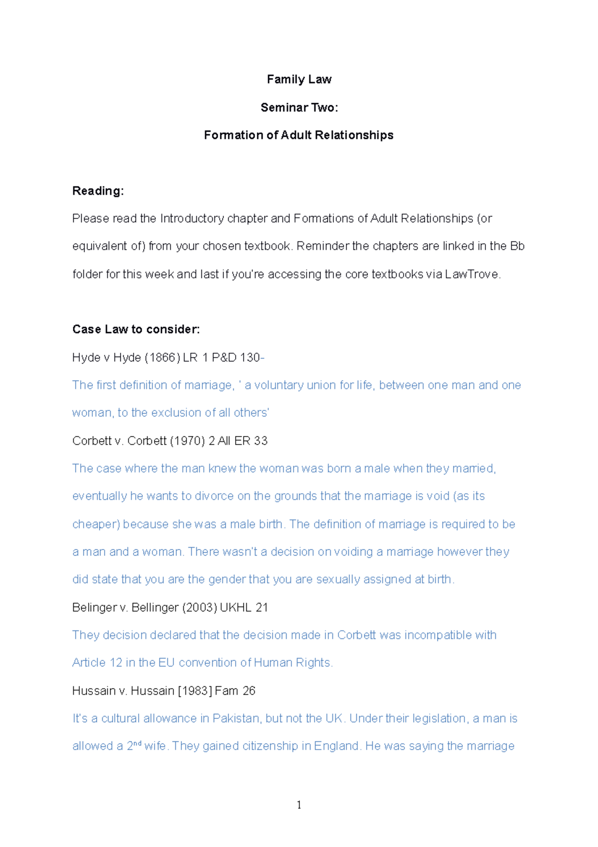 Seminar 2 - Formation of Adult Relationships - Family Law Seminar Two ...