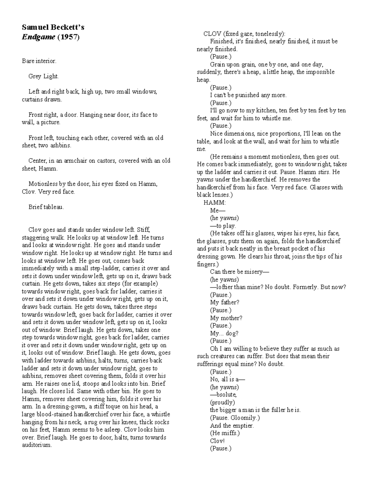 Endgame BY Samuel Beckett - Samuel Beckett’s Endgame (1957) Bare ...