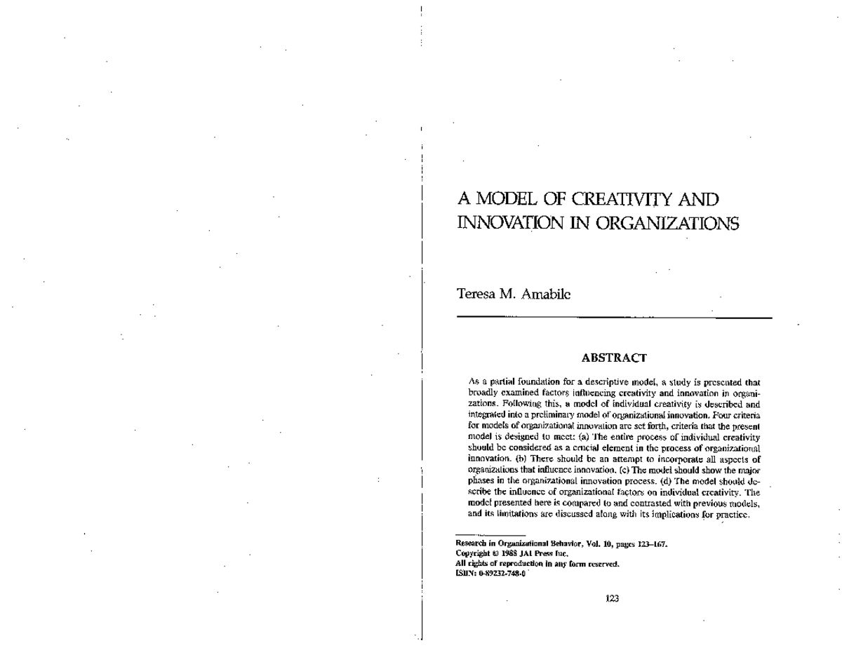 Amabile A Model of Creativity Org.Beh v10 pp123-167 - ADMN1016 - Studocu