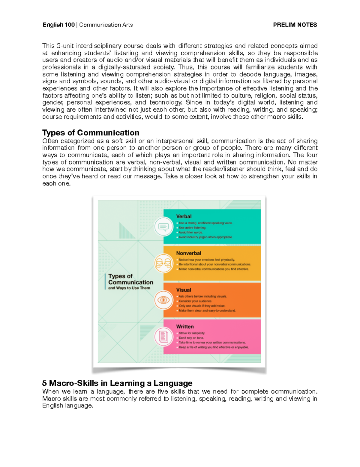 ENGL 100 Prelim Notes - This 3-unit interdisciplinary course deals with ...