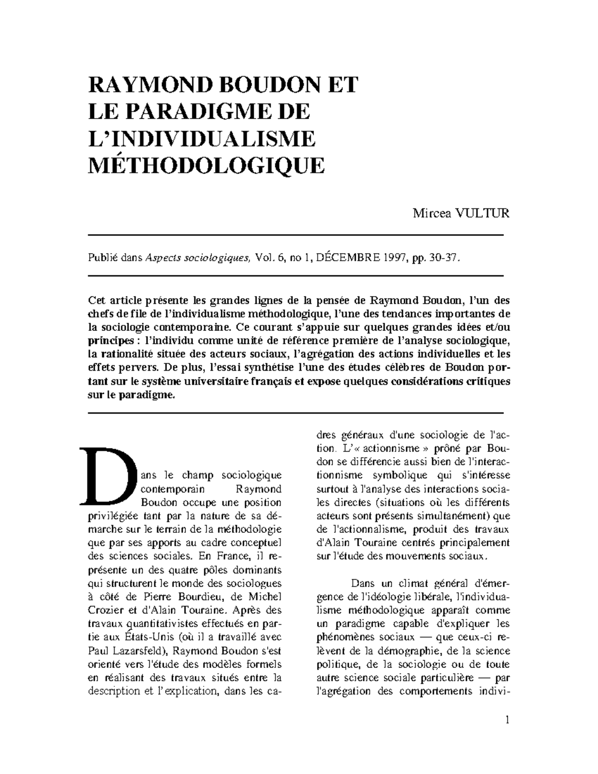 Vultur 1997 - RAYMOND BOUDON ET LE PARADIGME DE L’INDIVIDUALISME ...