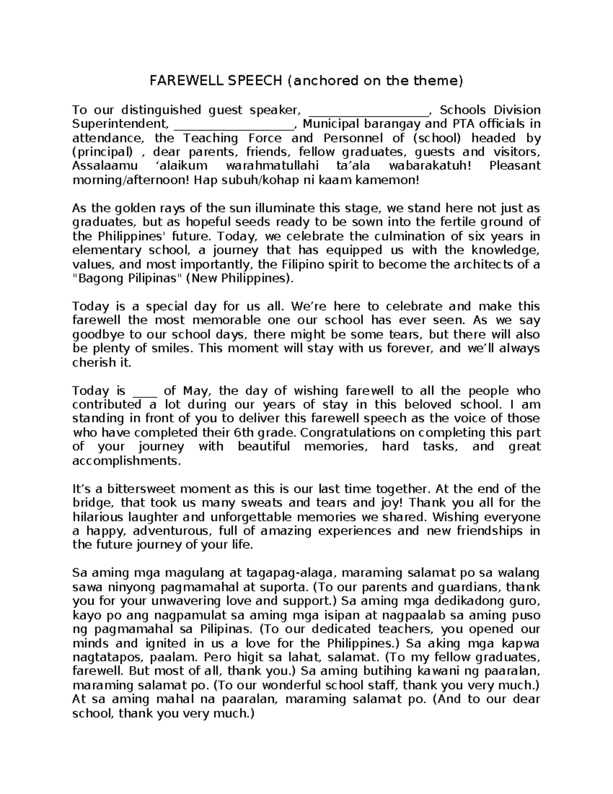 Farewell Speech - FAREWELL SPEECH (anchored on the theme) To our ...