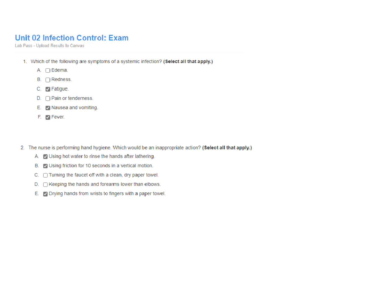 Infection Control Exam Answers 28 out of 28 score - NSG 123 - Studocu