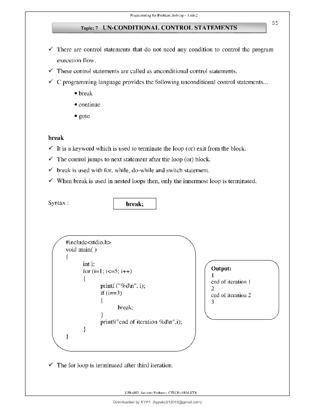 Loop - Summary computer science engineering - Programming for Problem Solving 55 Topic: 7 ...