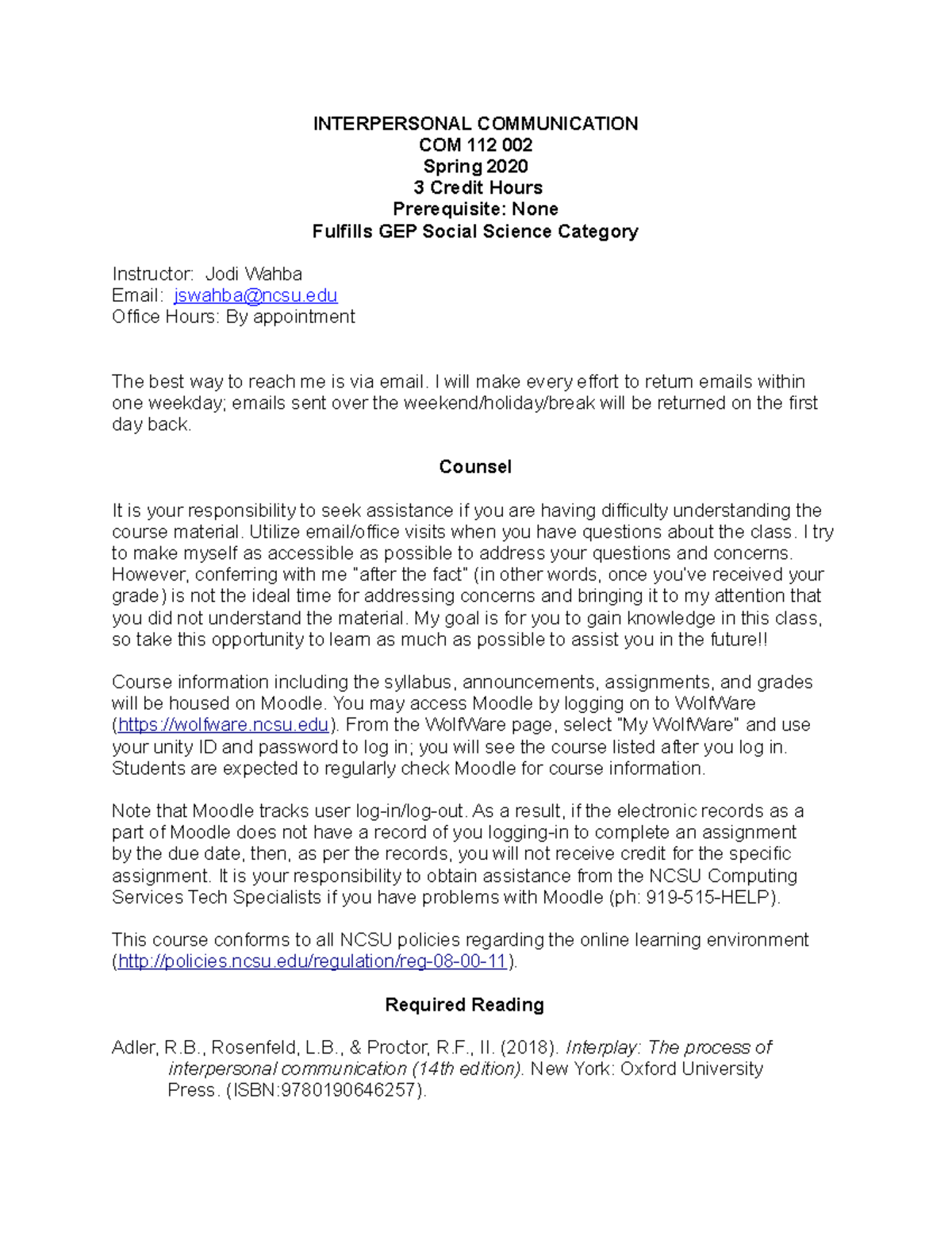 Spring 2020 com 112 002 syllabus - INTERPERSONAL COMMUNICATION COM 112 ...