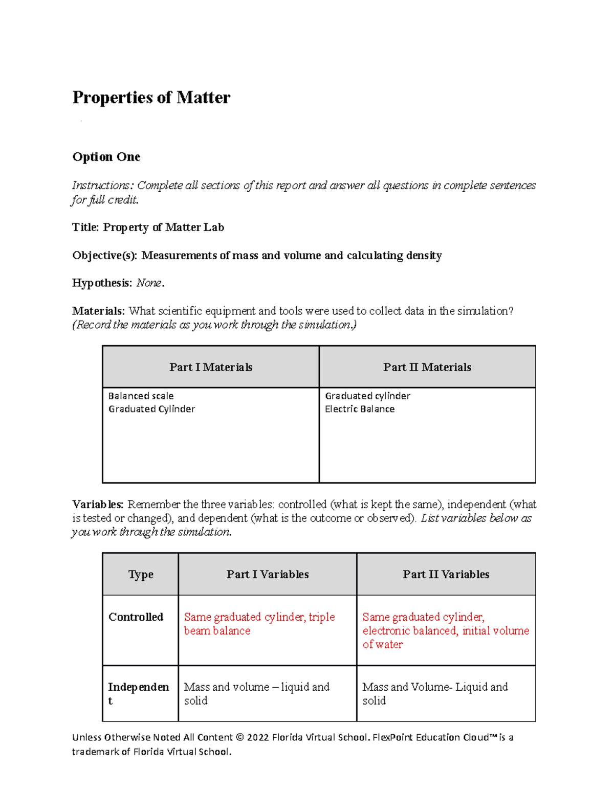 Chem - WOrk - Properties of Matter Option One Instructions: Complete ...