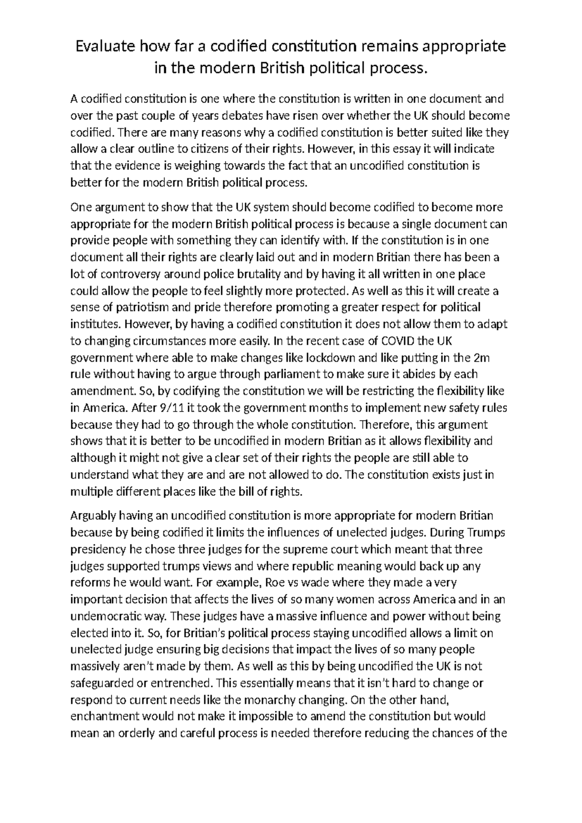 Codified vs uncodified constition essay - Evaluate how far a codified ...