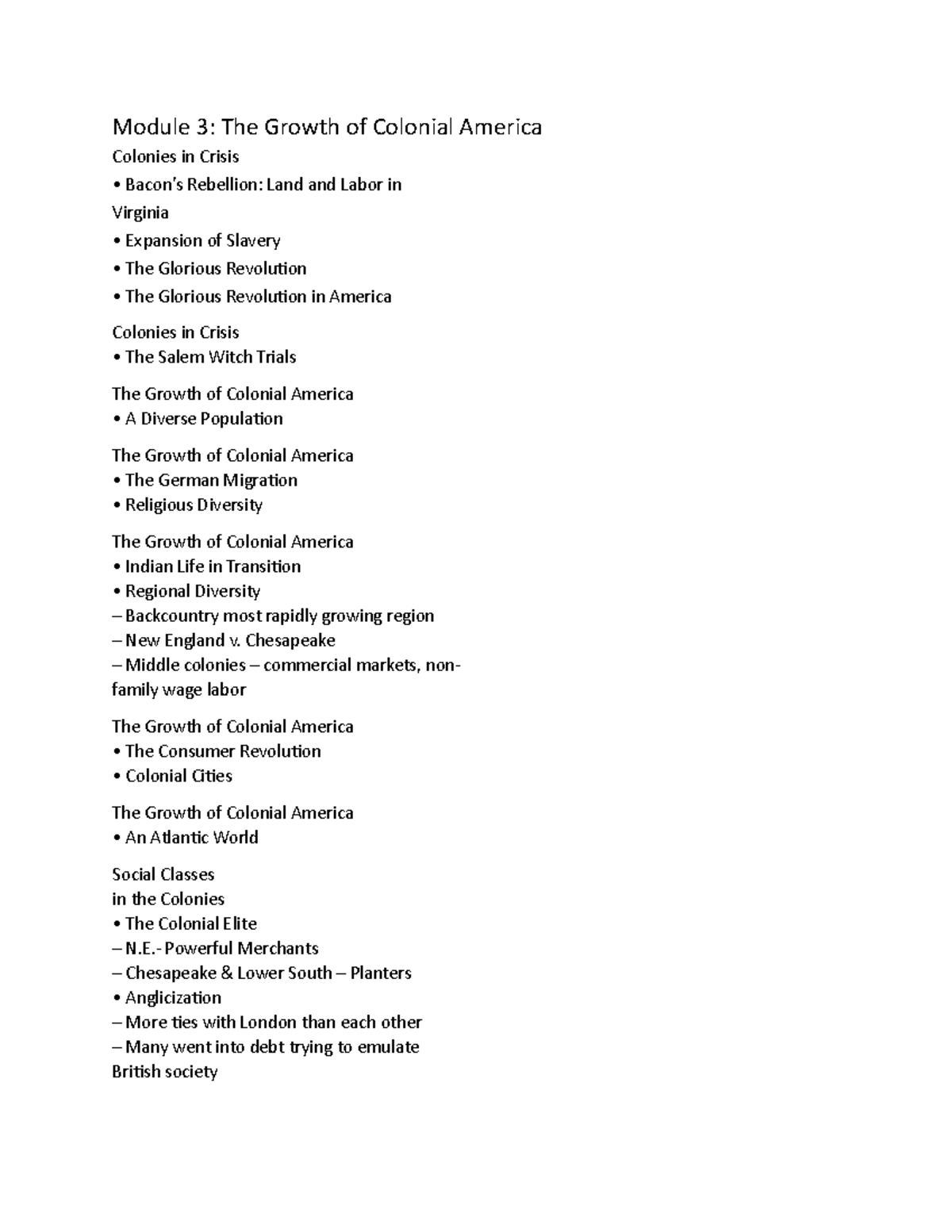 AMH2010 Module 3 note - Chapter 3 notes - Module 3: The Growth of ...