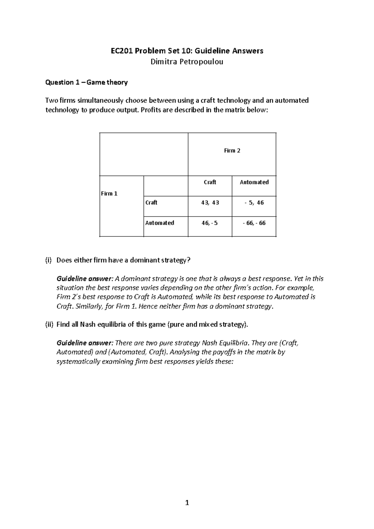 Problem Set 10 - Solutions - EC201 Problem Set 10: Guideline Answers Dimitra Petropoulou ...