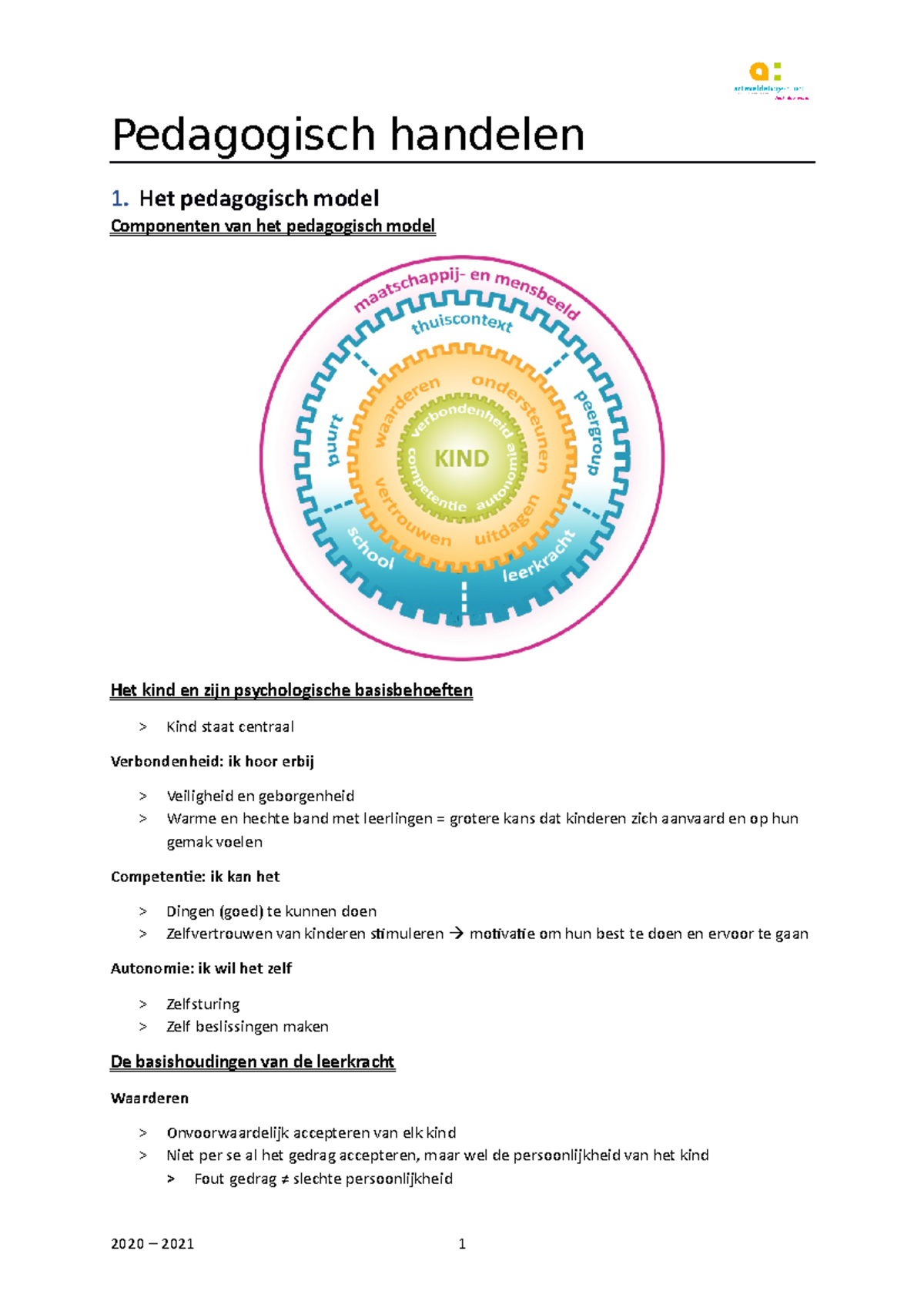 Samenvatting Pedagogisch handelen - Pedagogisch handelen 1. Het ...