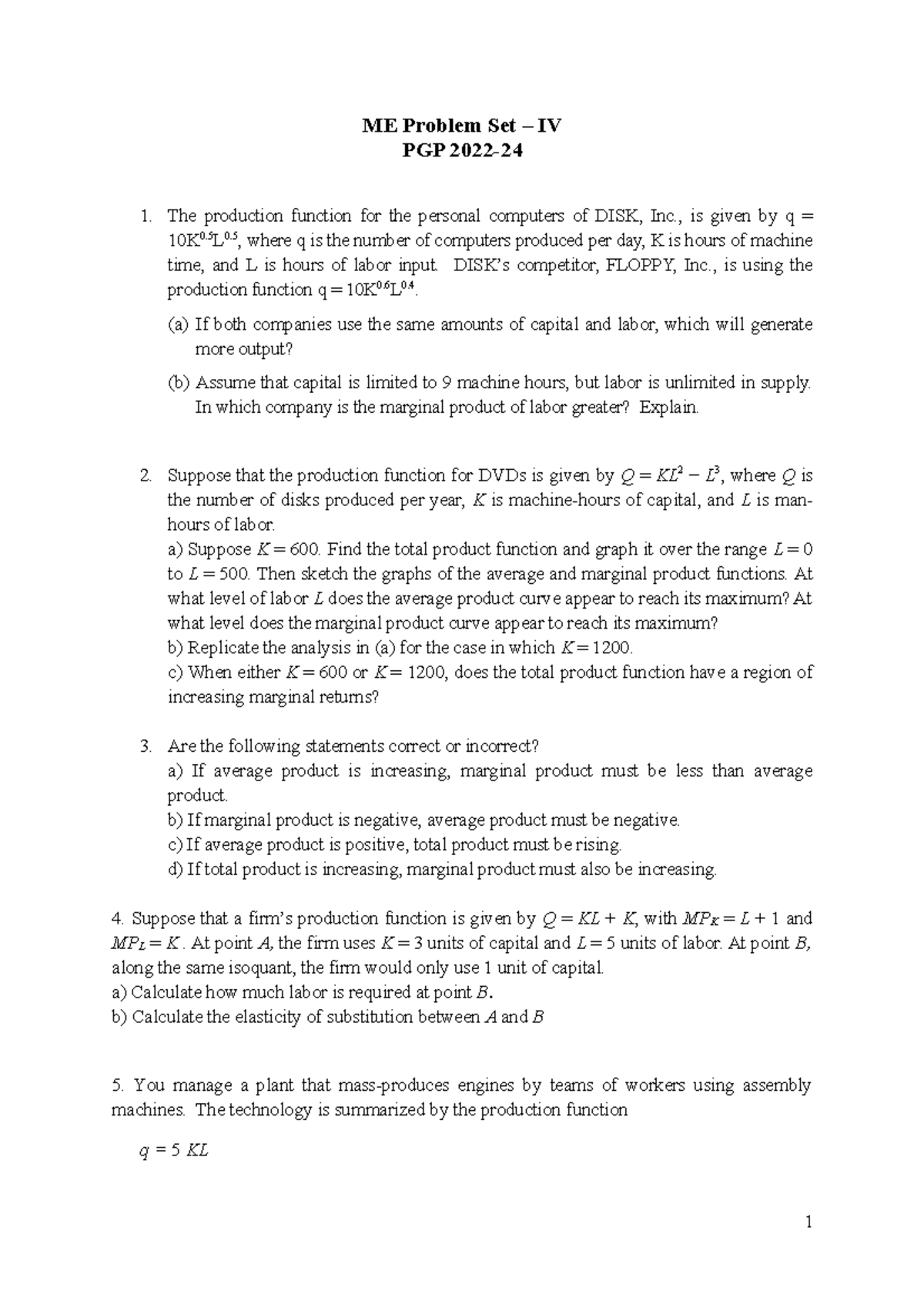 ME-2022(Problem Set-4) - ME Problem Set – IV PGP 2022- The production function for the personal ...