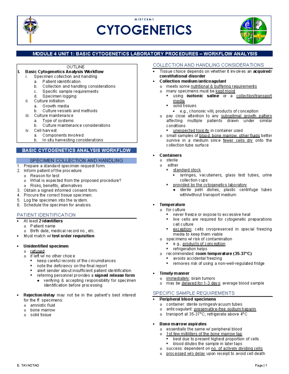 CYTO M4U1 Basic Cytogenetics Laboratory Procedures - E. TAYAOTAO Page ...
