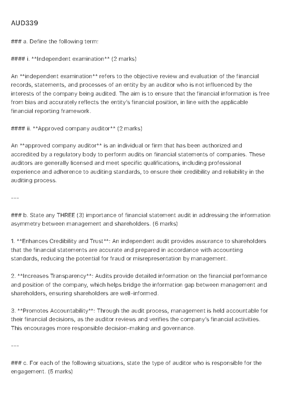 AUD339 - Notes - AUD a. Define the following term: i. Independent ...
