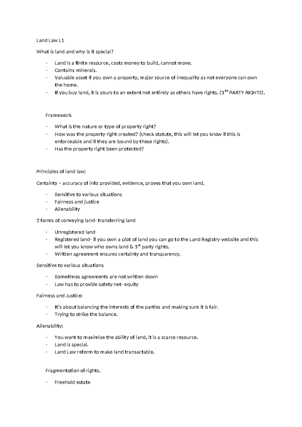 Land Law L1 - Land Law L What is land and why is it special? - Land is ...