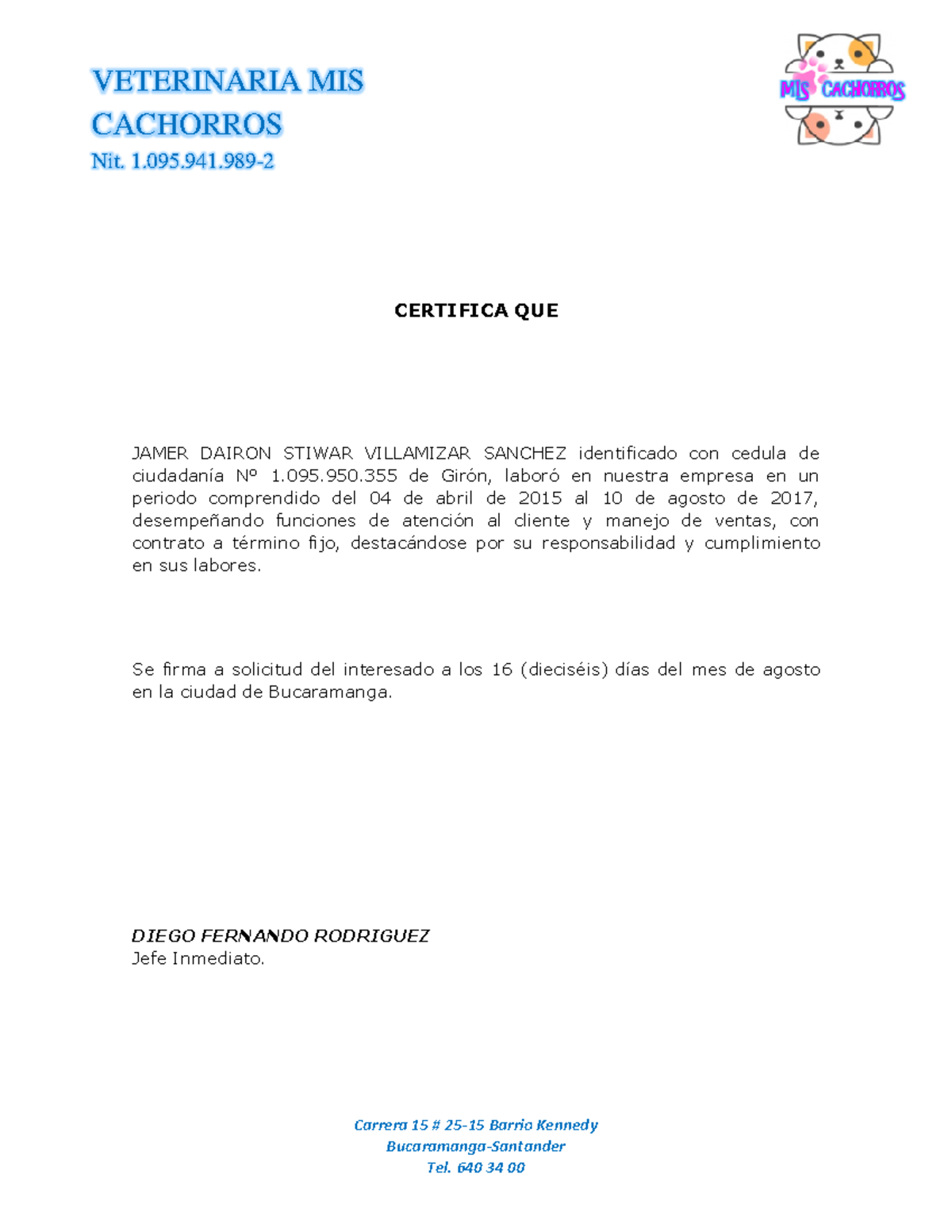 Certifica QUE - Lecture notes 2 - Carrera 15 # 25-15 Barrio Kennedy ...