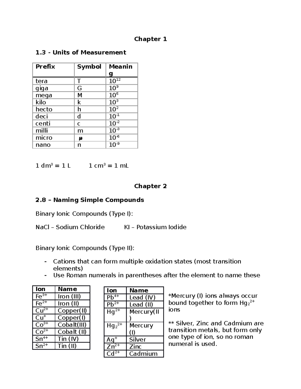 Chemistry notes cegep - Chapter 1 1 - Units of Measurement Prefix ...