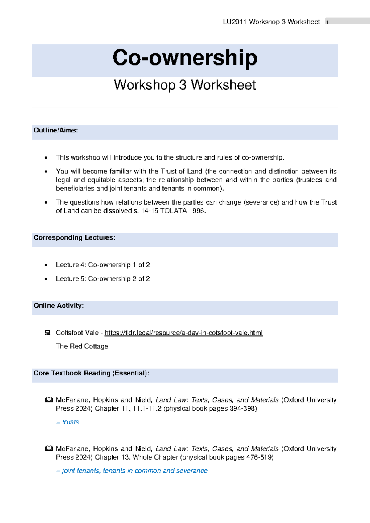 Workshop 3 questions - tutorial 3 on co-ownership - LU 2011 Workshop 3 ...