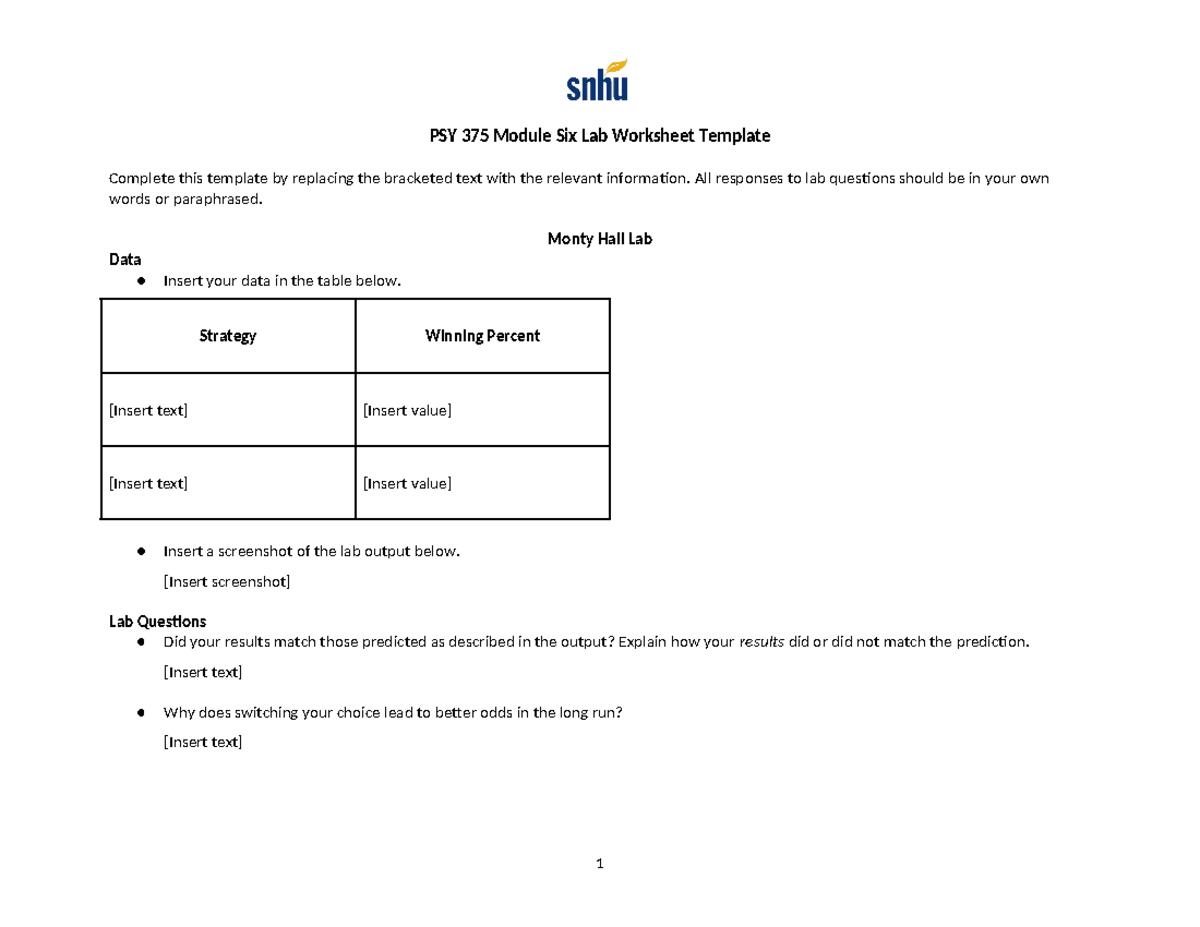 PSY 375 Module Six Lab Worksheet - All responses to lab questions ...