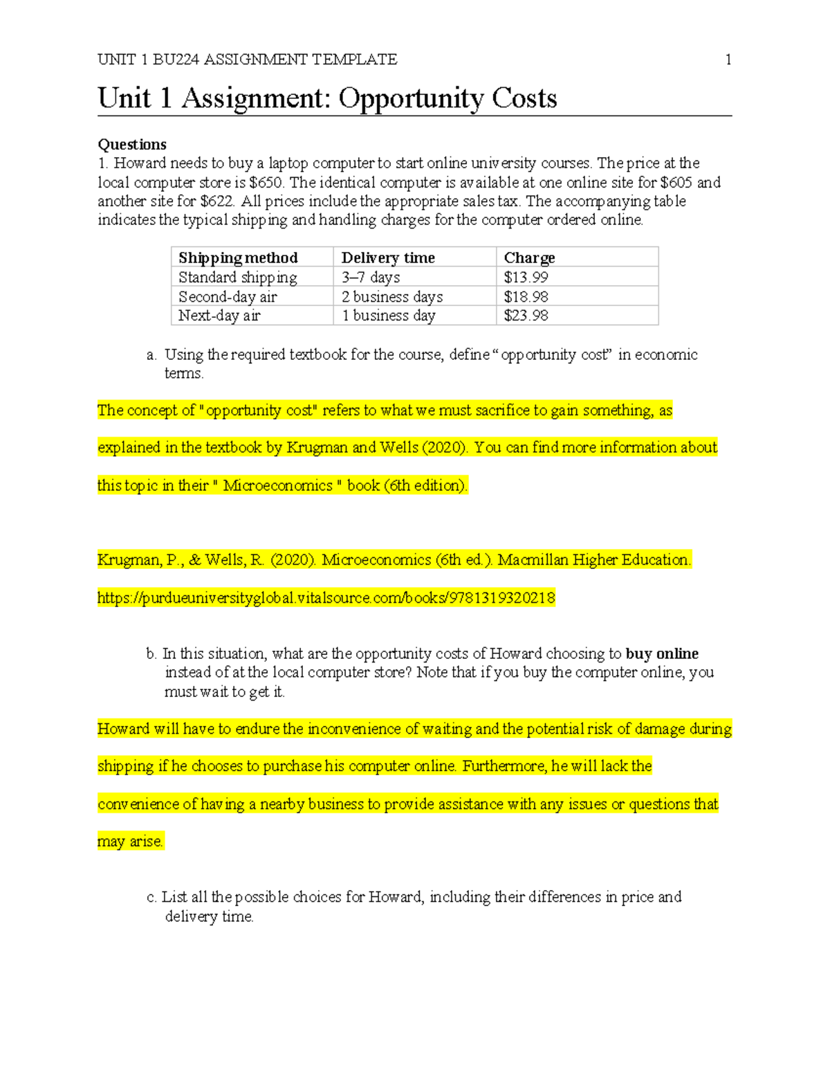 Bu224 Reikofski Sandy Unit1 Assignment Unit 1 Assignment Opportunity Costs Questions Howard