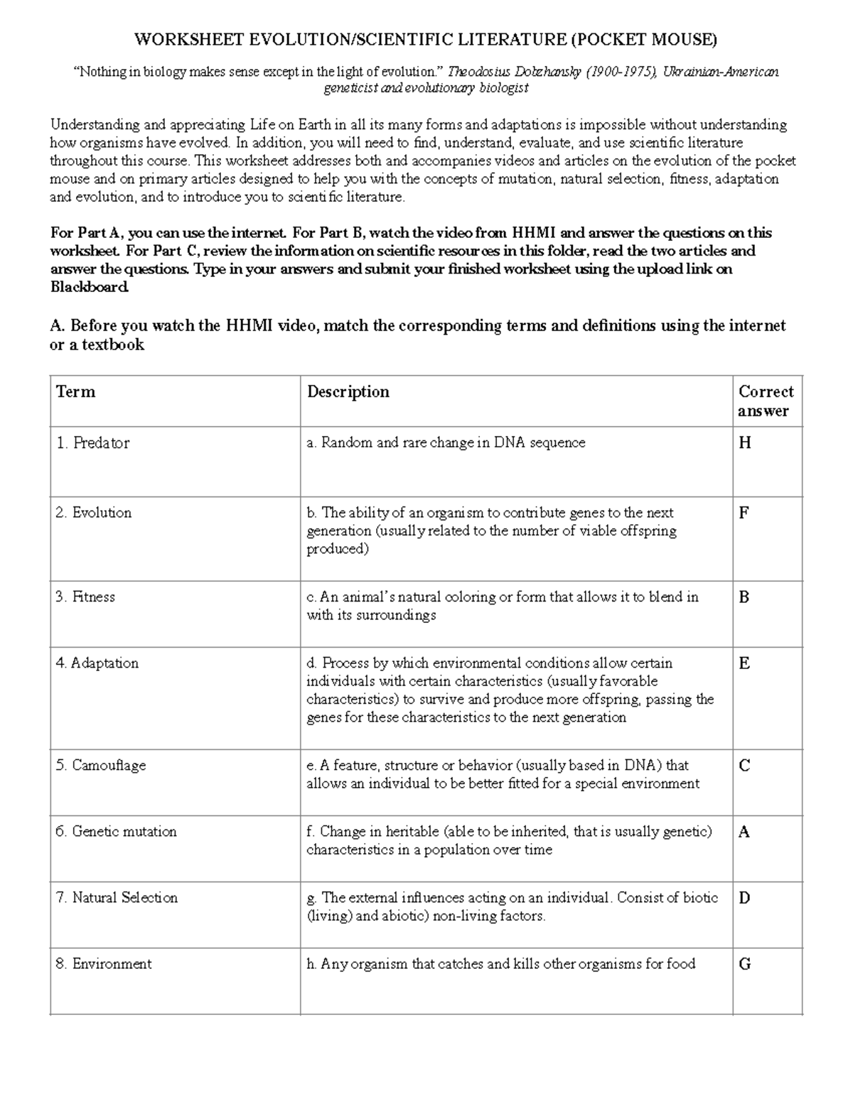 Worksheet Evolution - WORKSHEET EVOLUTION/SCIENTIFIC LITERATURE (POCKET ...
