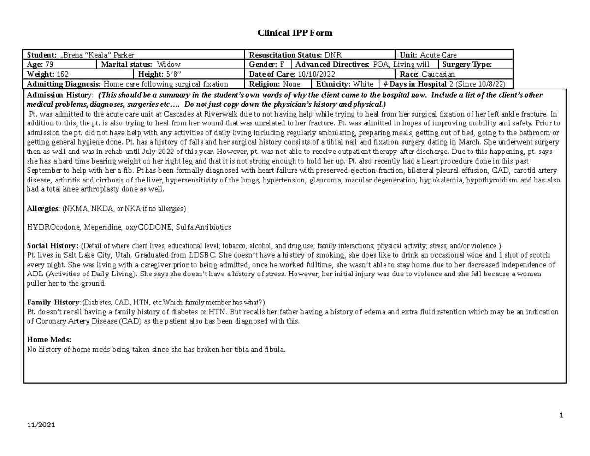 Clinical IPP Form 1 - ipp - Clinical IPP Form Student: Brena “Keala ...