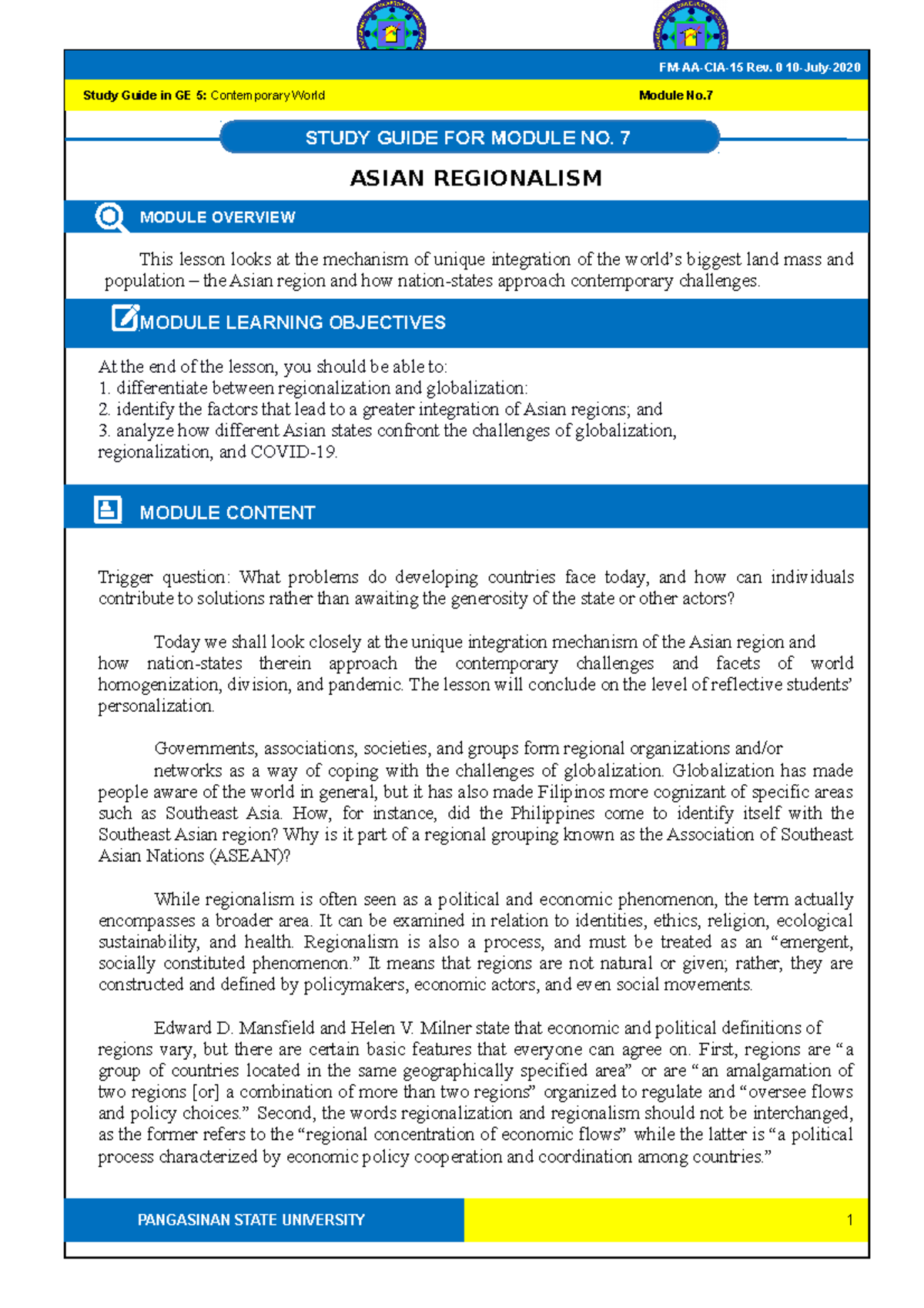 TCW Module 7 Asian Regionalism - ASIAN REGIONALISM MODULE OVERVIEW This ...