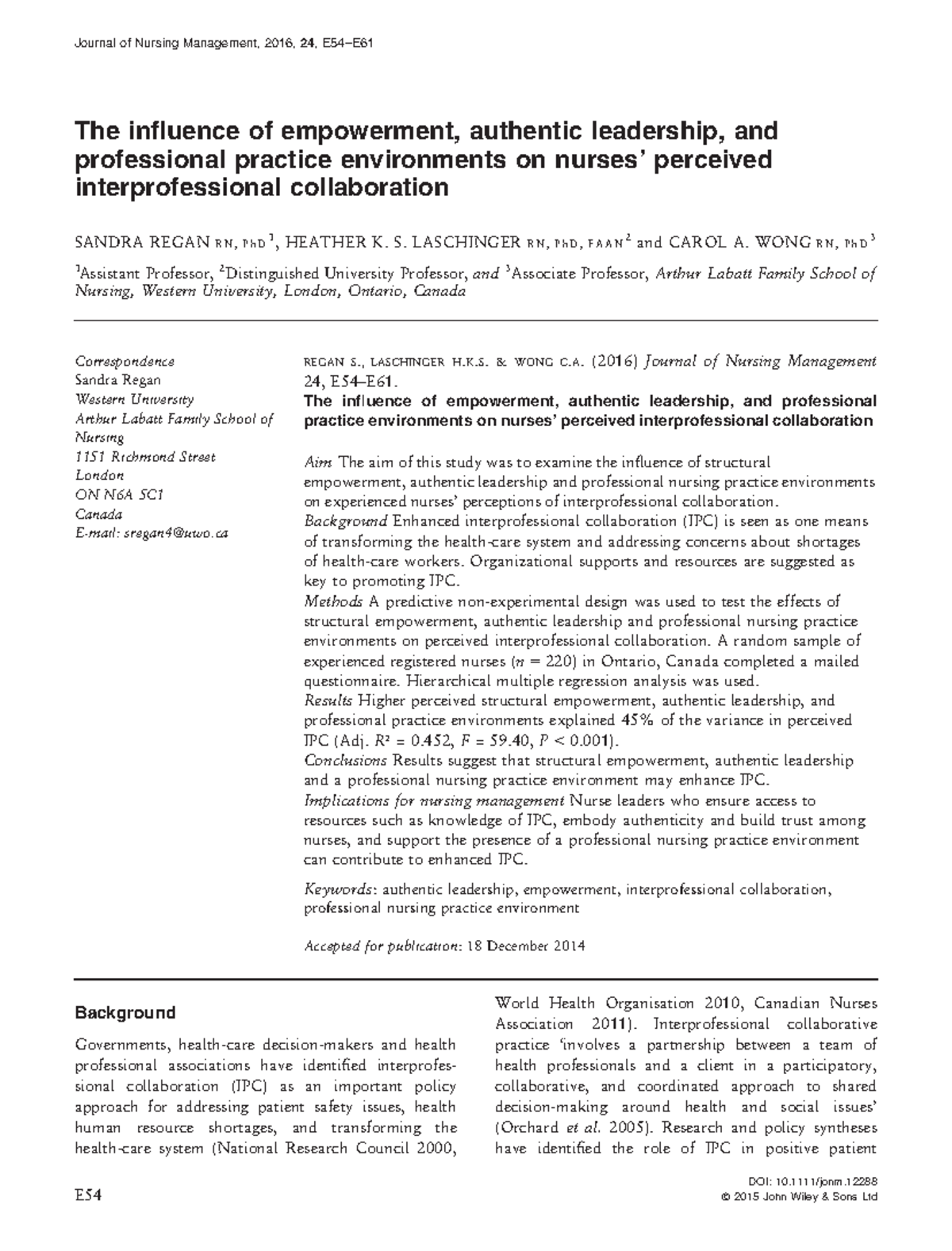 Regan, Laschinger et Wong, 2015 . collaboration - The influence of empowerment, authentic - Studocu