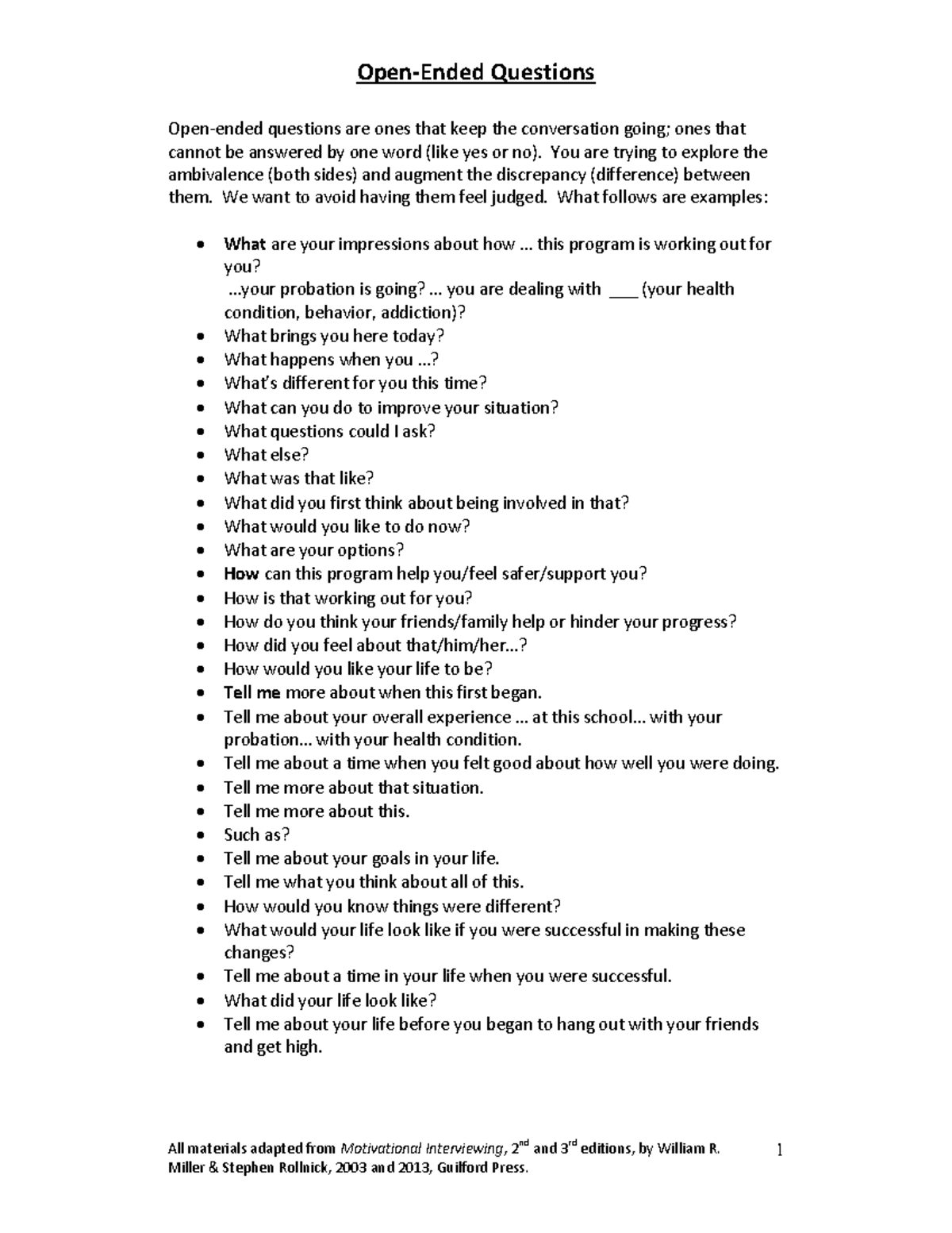 OPEN Ended Questions - All materials adapted from Motivational ...