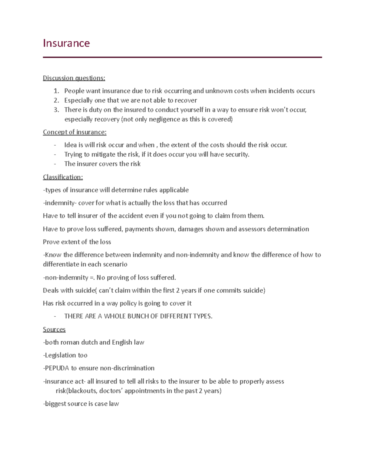 Insurance Notes - Insurance Discussion questions: 1. People want ...