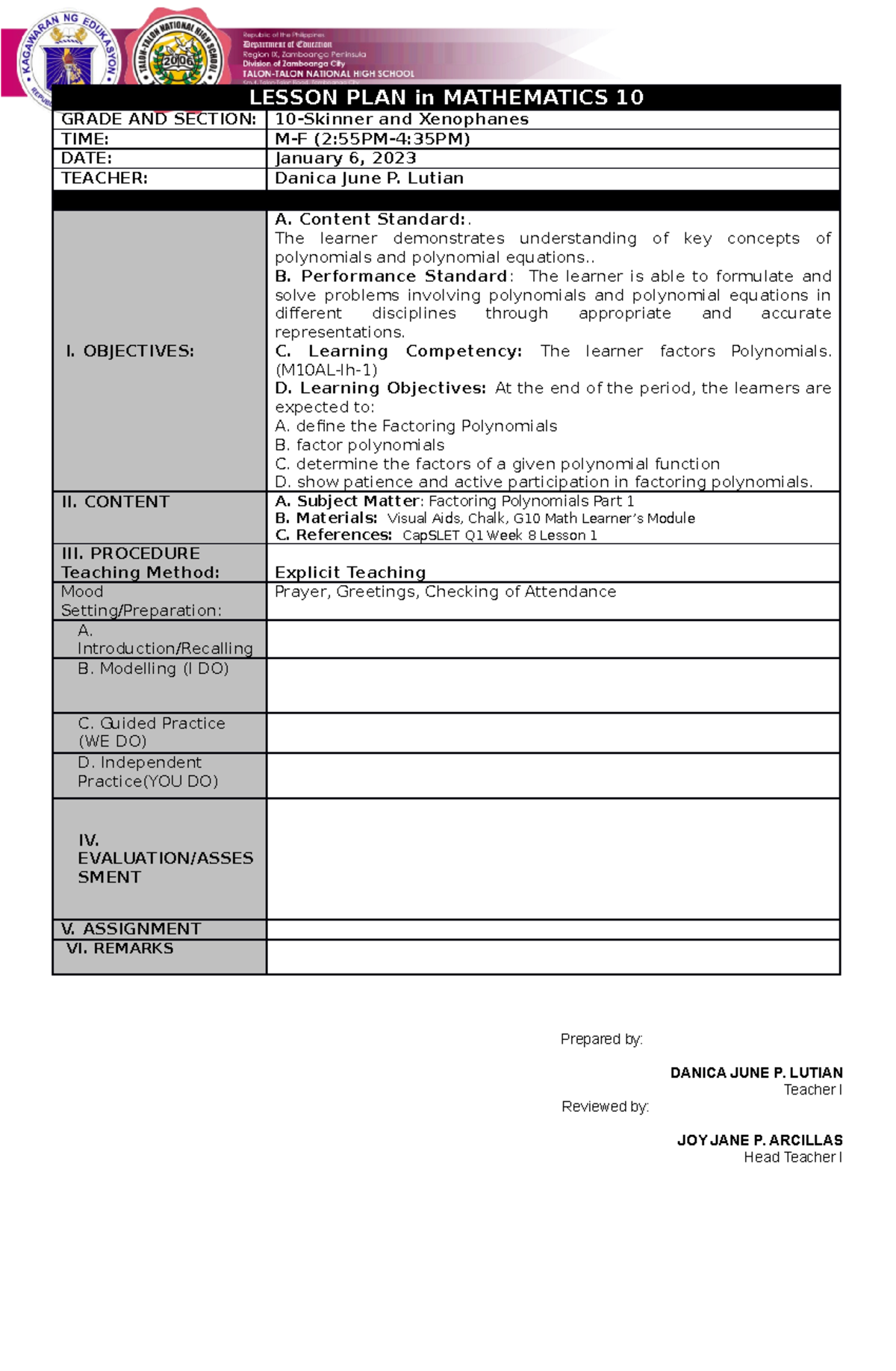 DLP-January 6, 2022- math 10 - LESSON PLAN in MATHEMATICS 10 GRADE AND SECTION: 10-Skinner and ...