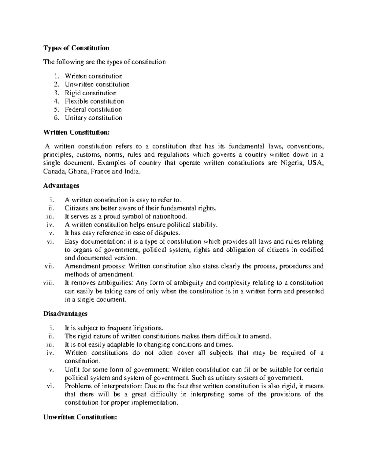 2633 Types of Constitution - Types of Constitution The following are ...