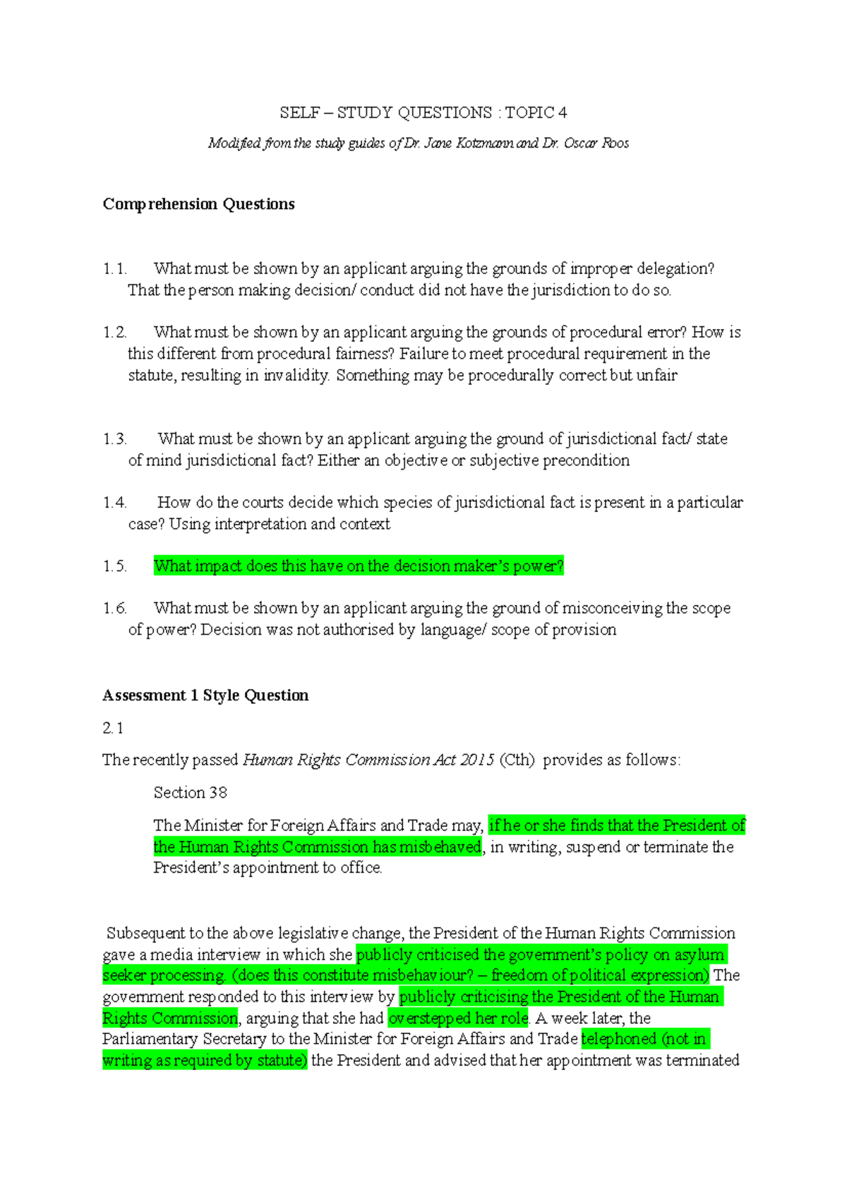 Self study question 4 - SELF – STUDY QUESTIONS : TOPIC 4 Modified from ...
