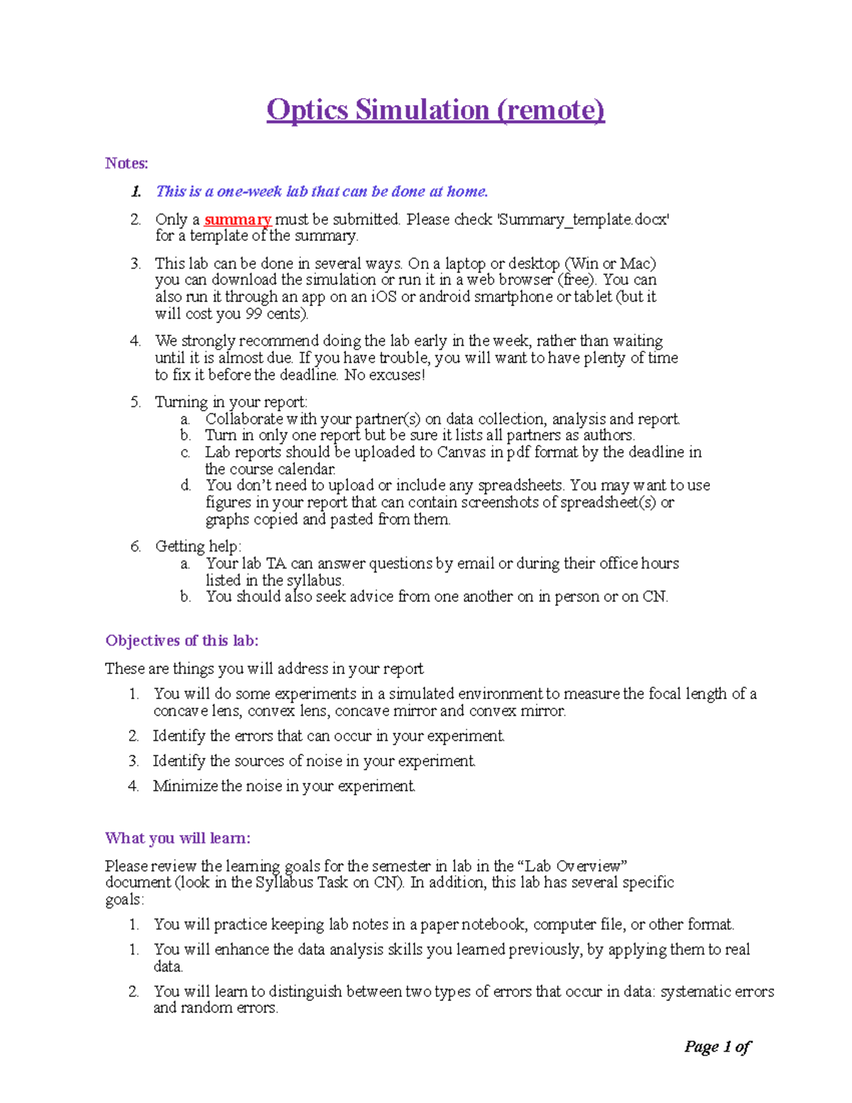 Optics Simulation Lab For Physics 2 Optics Simulation Remote Notes This Is A One Week Lab