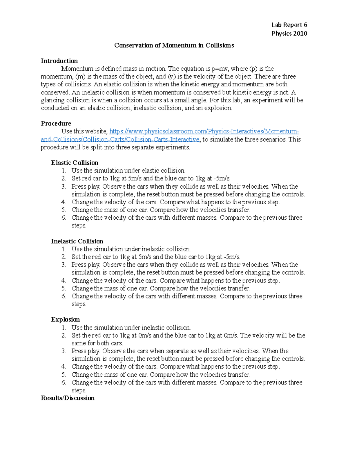 Lab Report 6 - Lab on Conservation of Momentum in Collisions - Lab ...