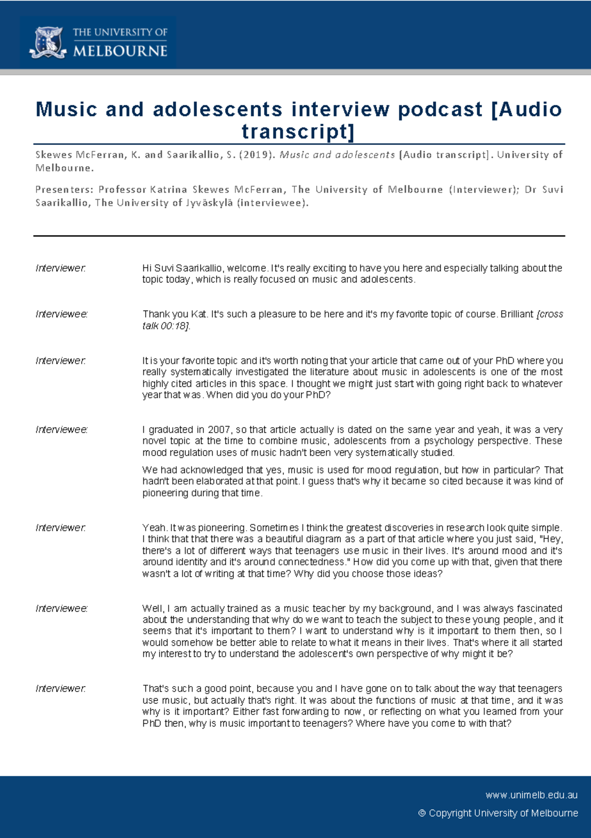 Topic 5 Interview - unimelb.edu Music and adolescents interview podcast ...