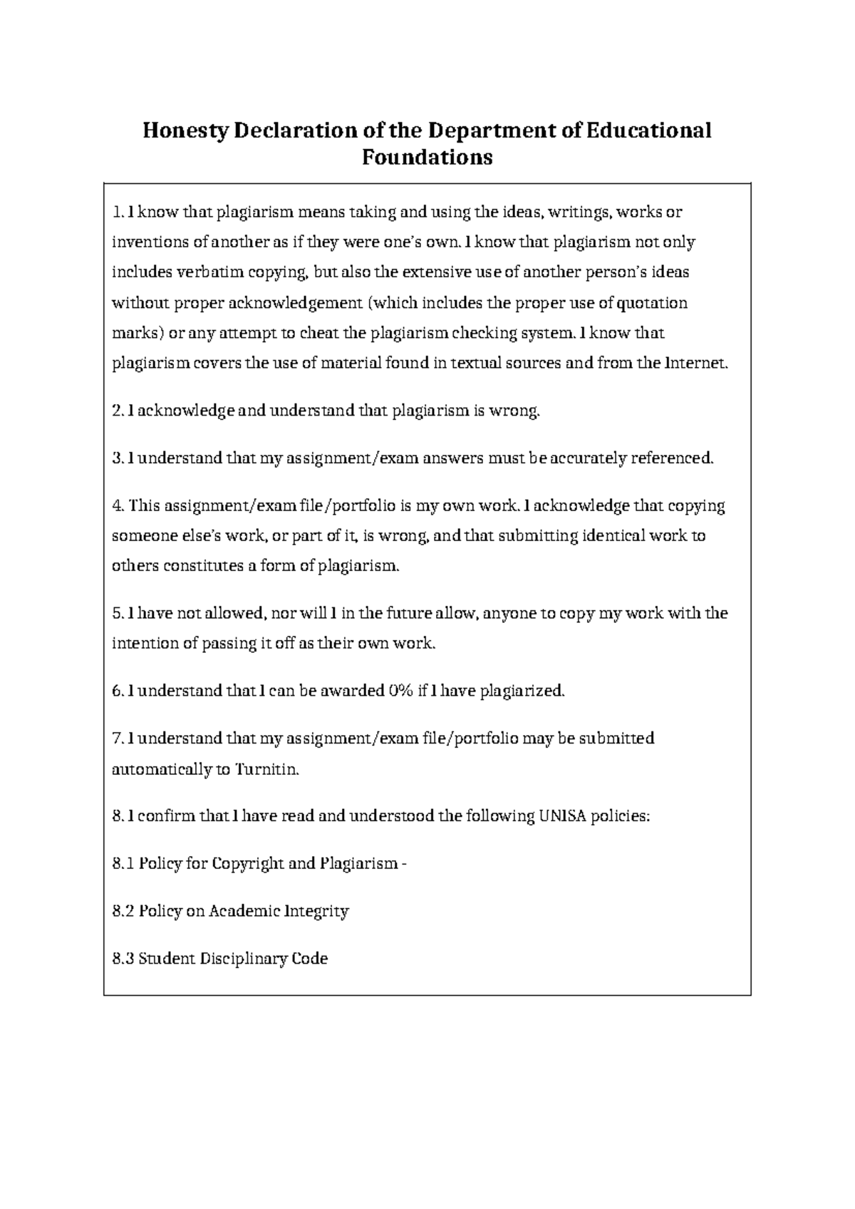 Honesty Declaration - bEST INFO - Honesty Declaration of the Department ...