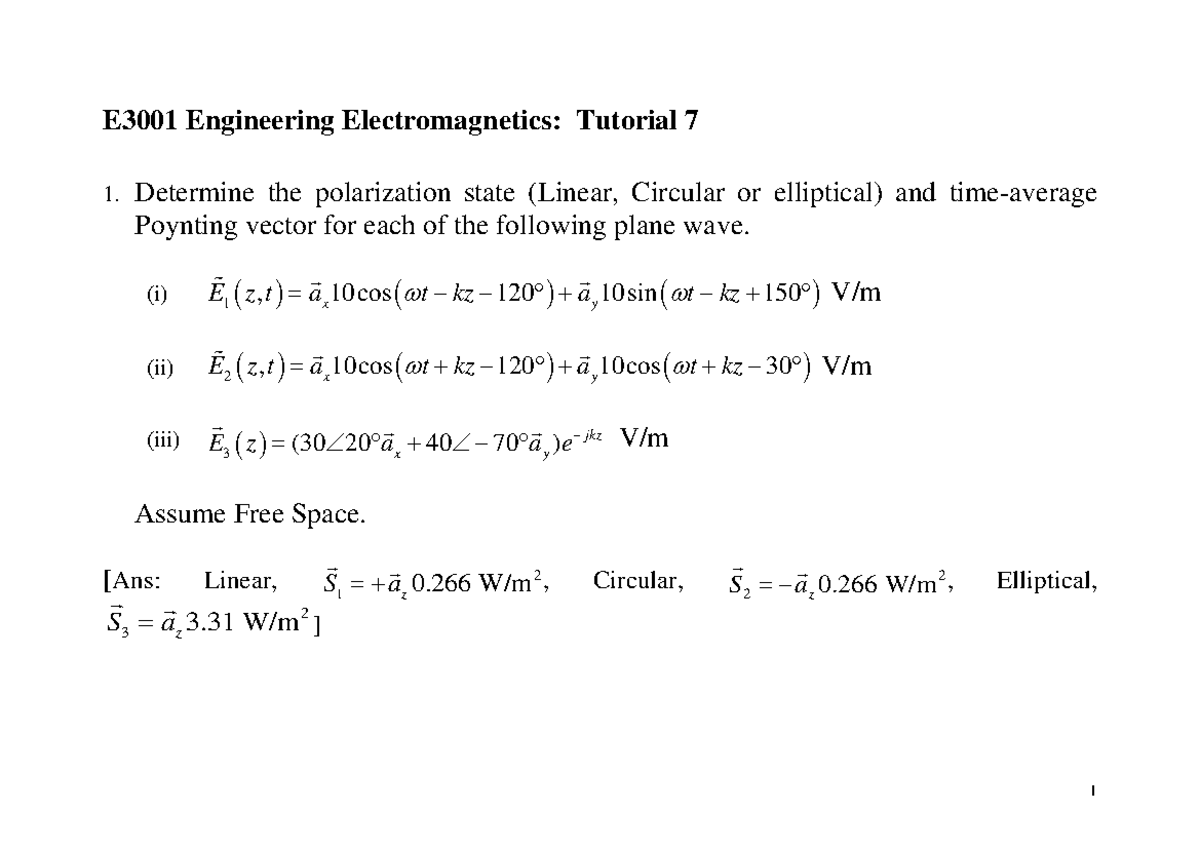 EE3001 Tutorial 7 - GOOD COURSEWORK - 1 E3001 Engineering Electromagnetics: Tutorial 7 1 ...