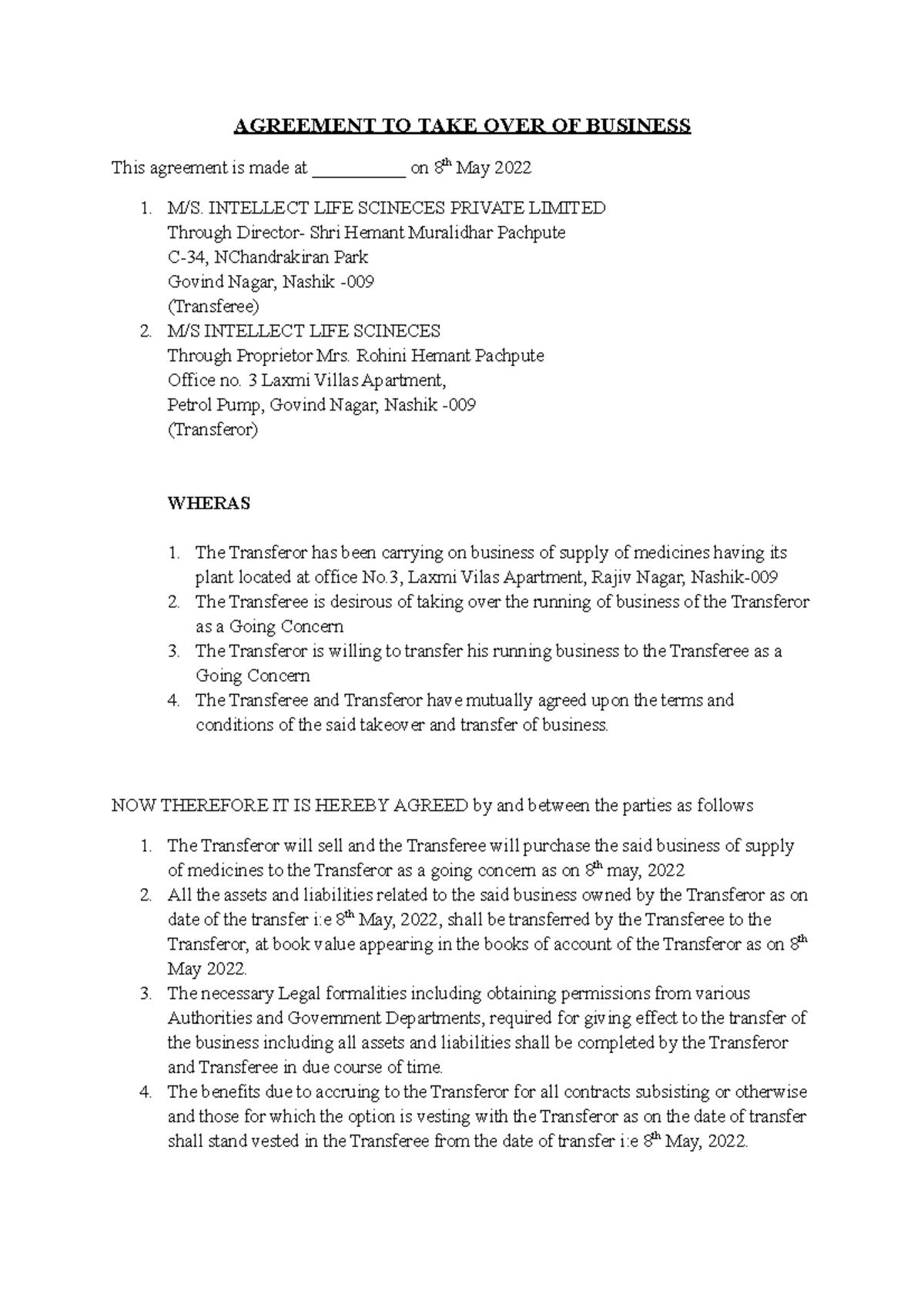 TAKE OVER OF Business - AGREEMENT TO TAKE OVER OF BUSINESS This ...