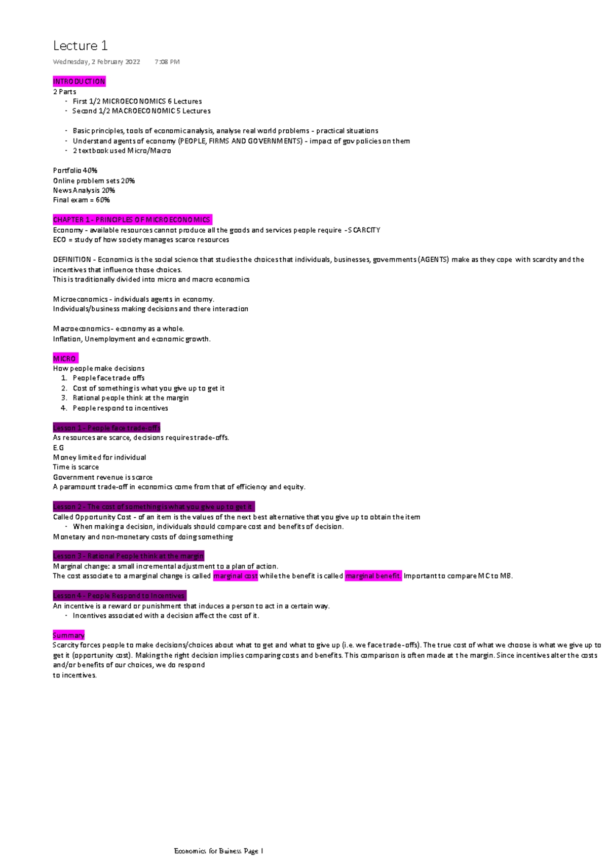 Economics for Buiness PDF - INTRODUCTION 2 Parts First 1/2 MICROECONOMICS 6 Lectures Second 1/2 ...