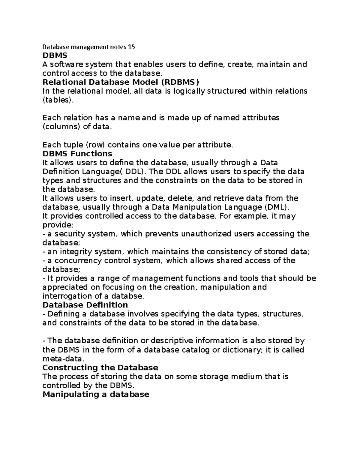 Database Management Notes 15 Relational Database Model Rdbms In The Relational Model All 