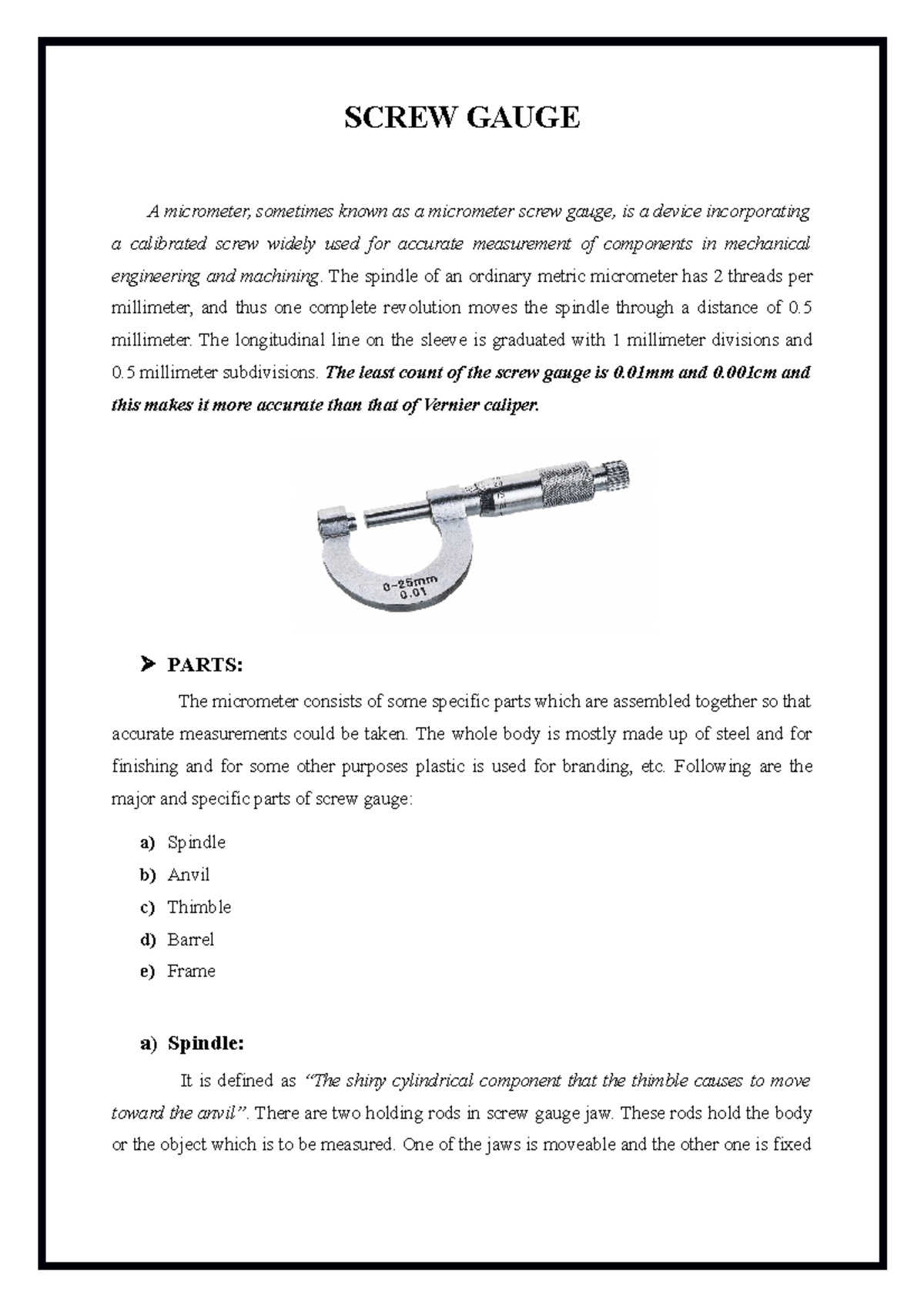 Manufacturing Lab Report 3 SCREW GAUGE A Micrometer Sometimes Known