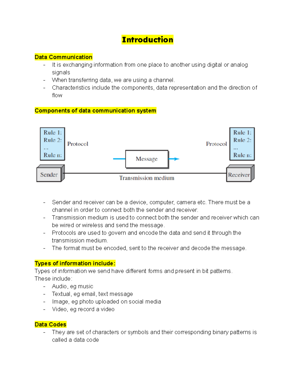 127 Notes 1-5 - Introduction Data Communication - It is exchanging ...
