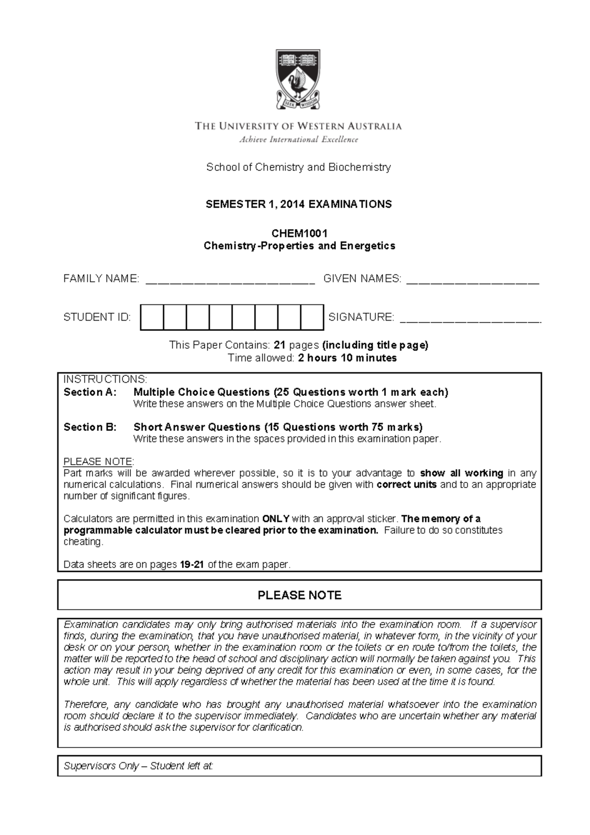 Exam 2013, questions - School of Chemistry and Biochemistry SEMESTER 1, 2014 EXAMINATIONS ...