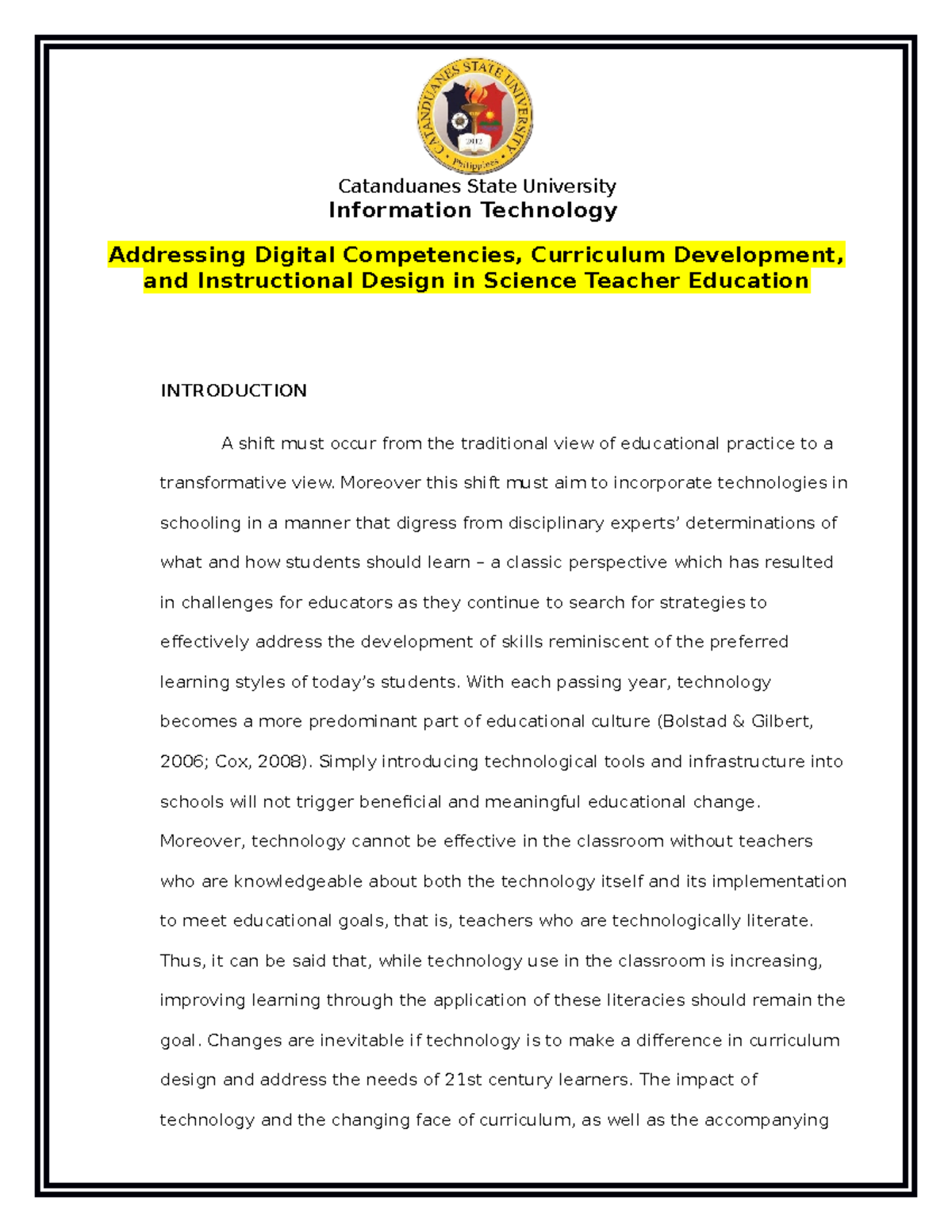 Information Technology Addressing Digital Competencies, Curriculum ...