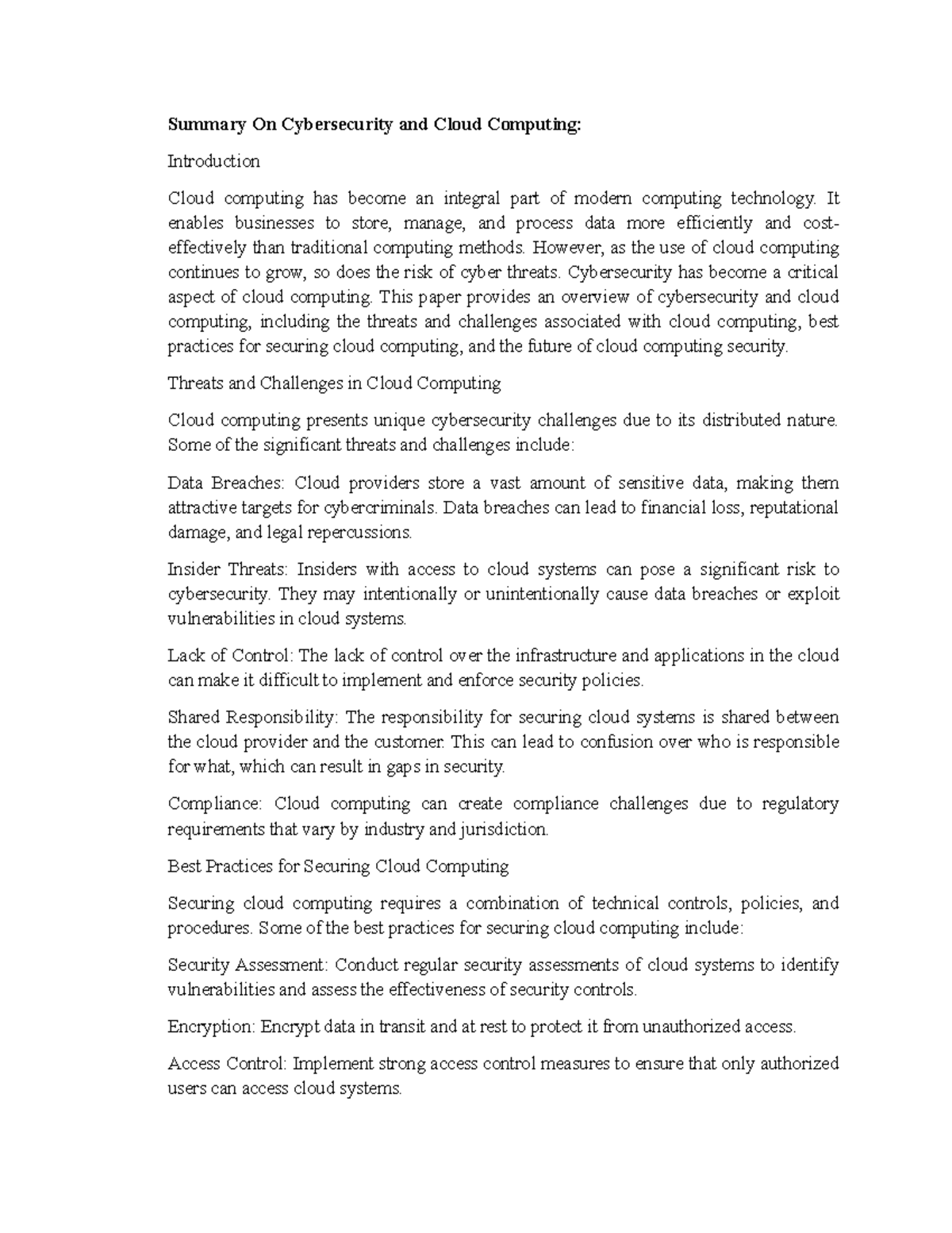 Summary On Cybersecurity and Cloud Computing - Summary On Cybersecurity and Cloud Computing ...