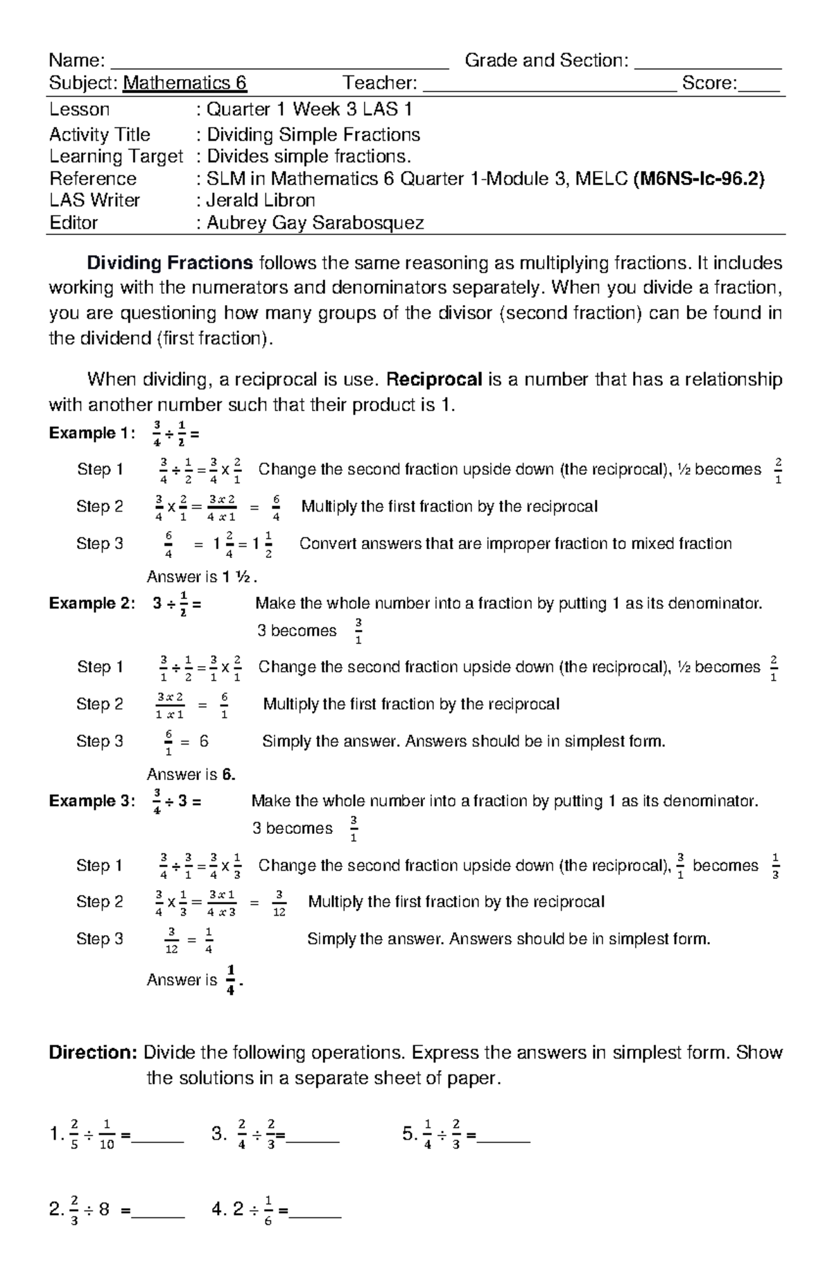 Math6 Q1 Week3 LAS1 2023 - Name: ________________________________ Grade ...