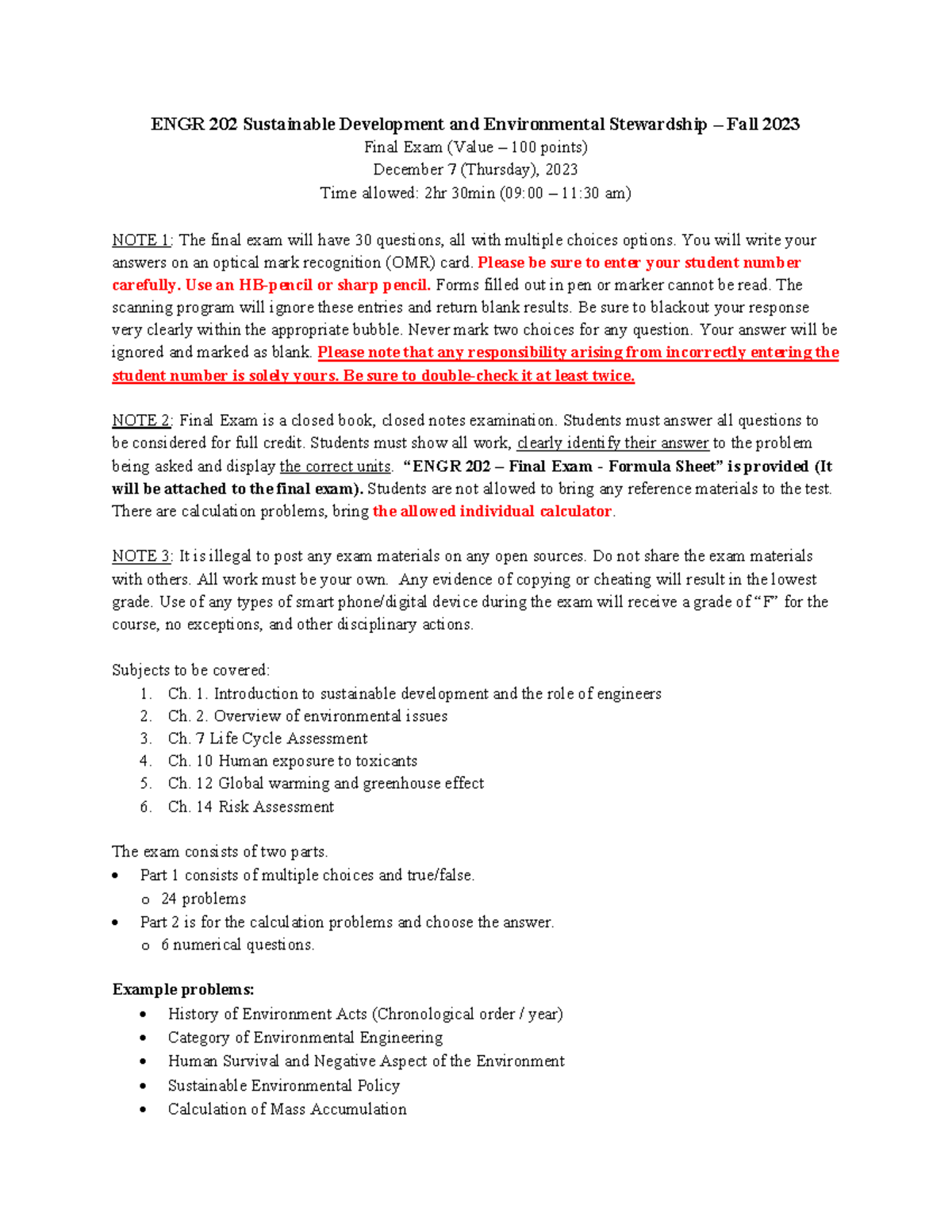 Final Exam format ENGR 202 Fall 2023 - ENGR 202 Sustainable Development ...