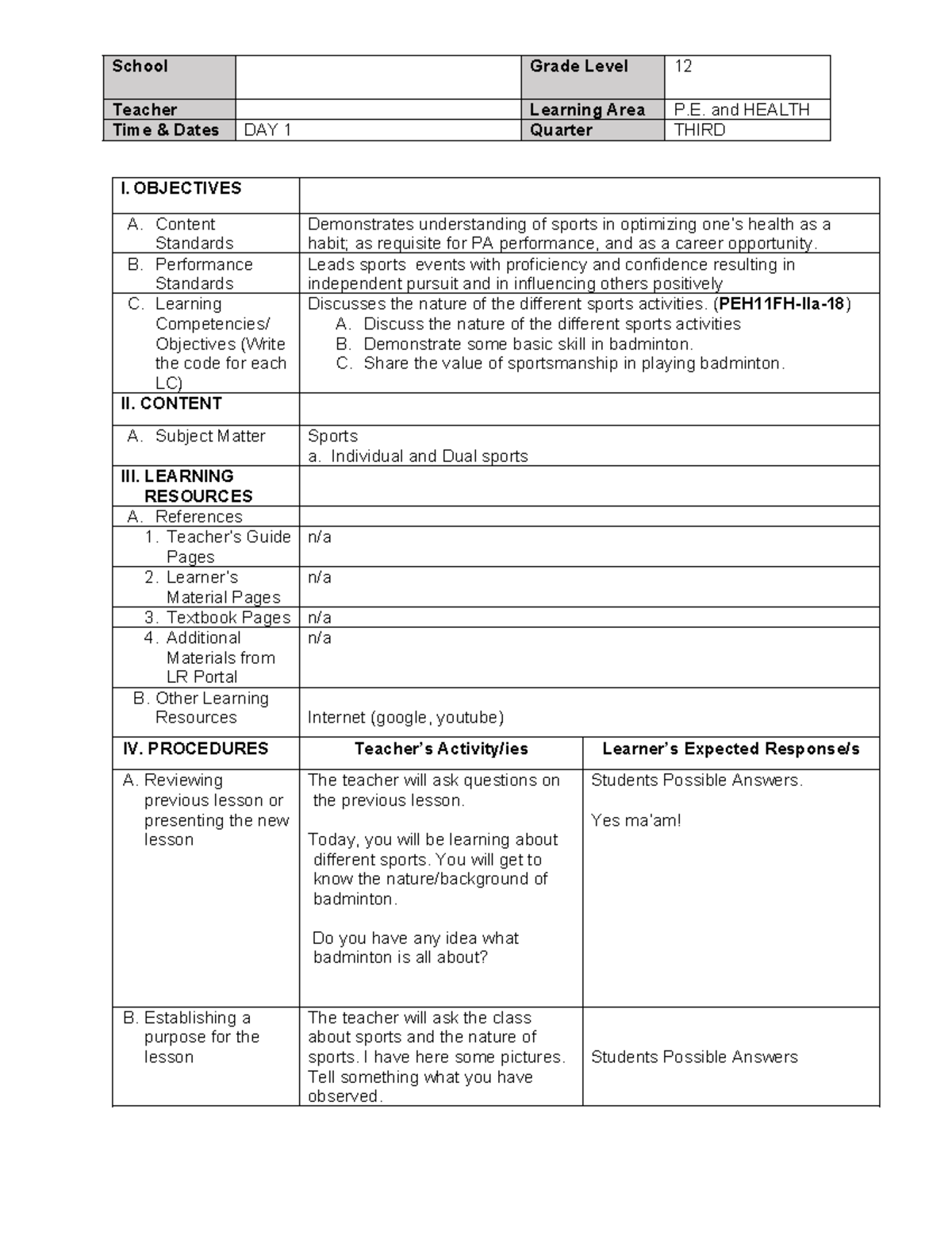 LC-1 - lesson plan - I. OBJECTIVES A. Content Standards Demonstrates ...
