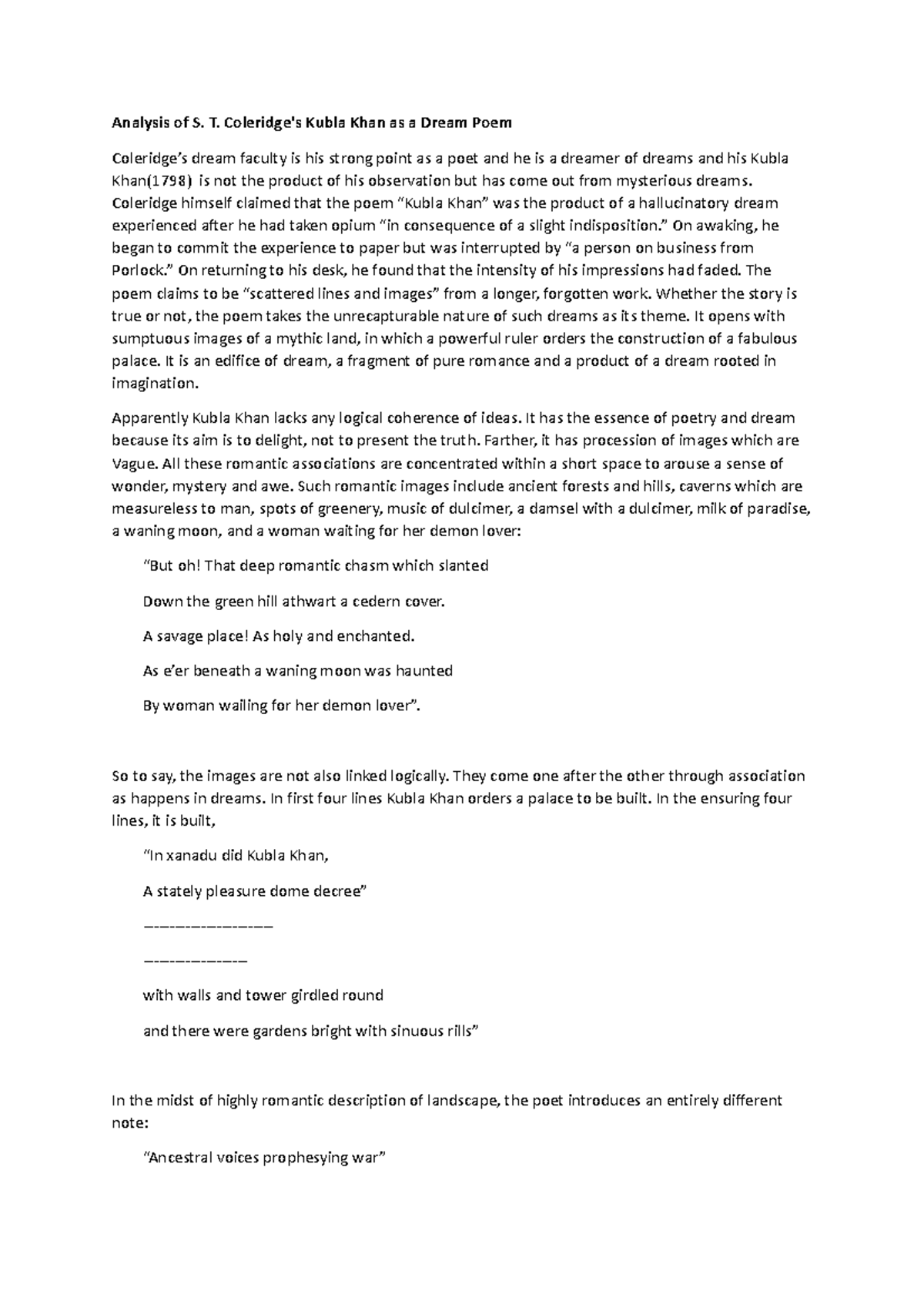 Kubla Khan as a Dream Poem - Analysis of S. T. Coleridge's Kubla Khan ...